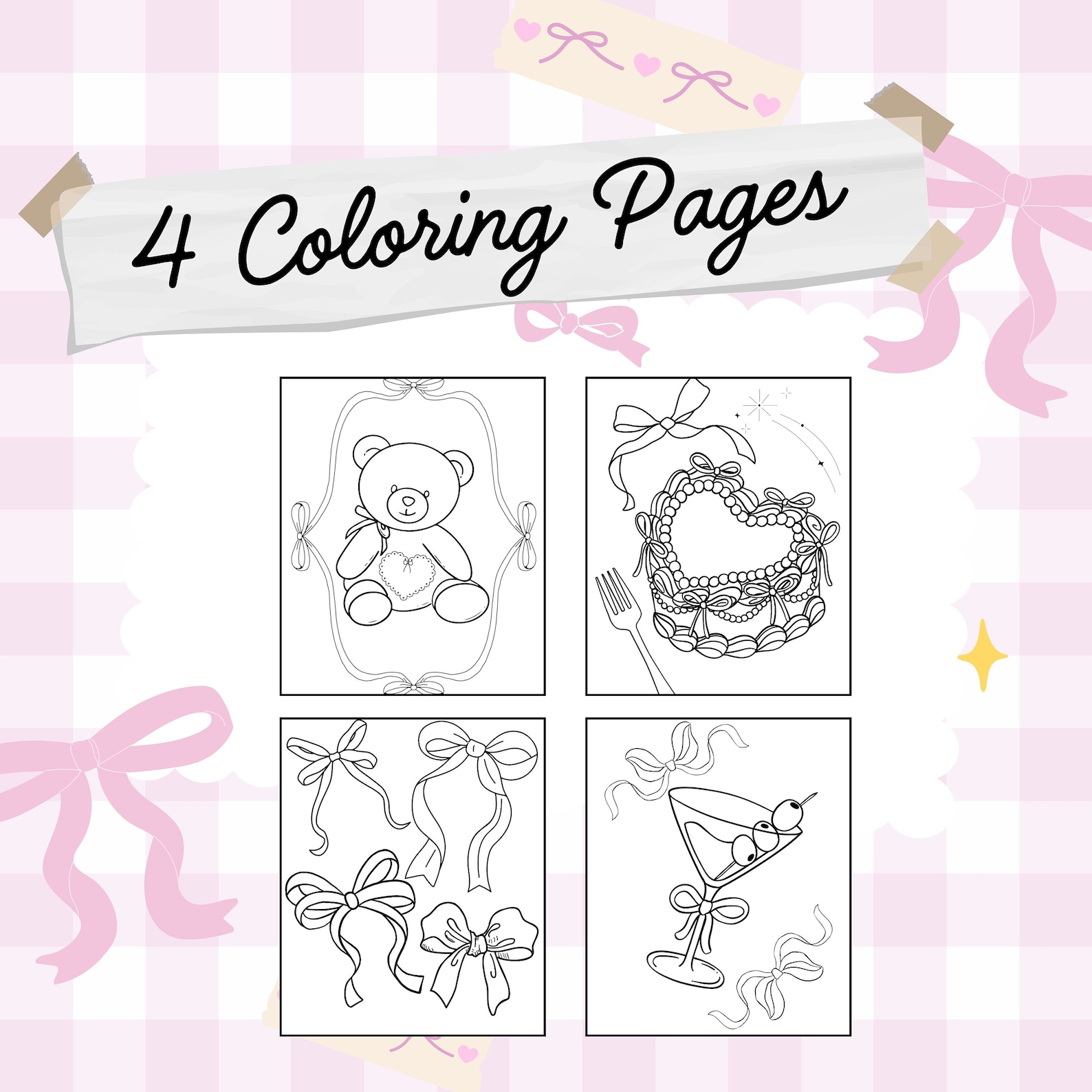 Girly, Coquette, Bows, Cute Coloring Pages | 4 Digital Downloadable ...