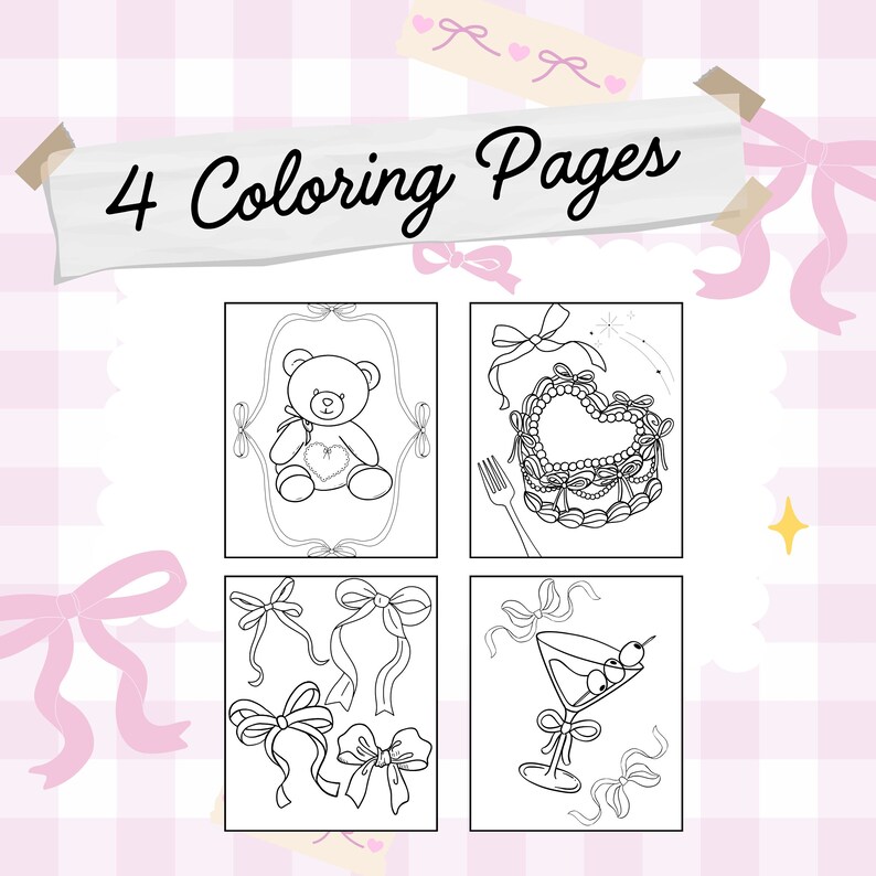 Girly, Coquette, Bows, Cute Coloring Pages | 4 Digital Downloadable ...