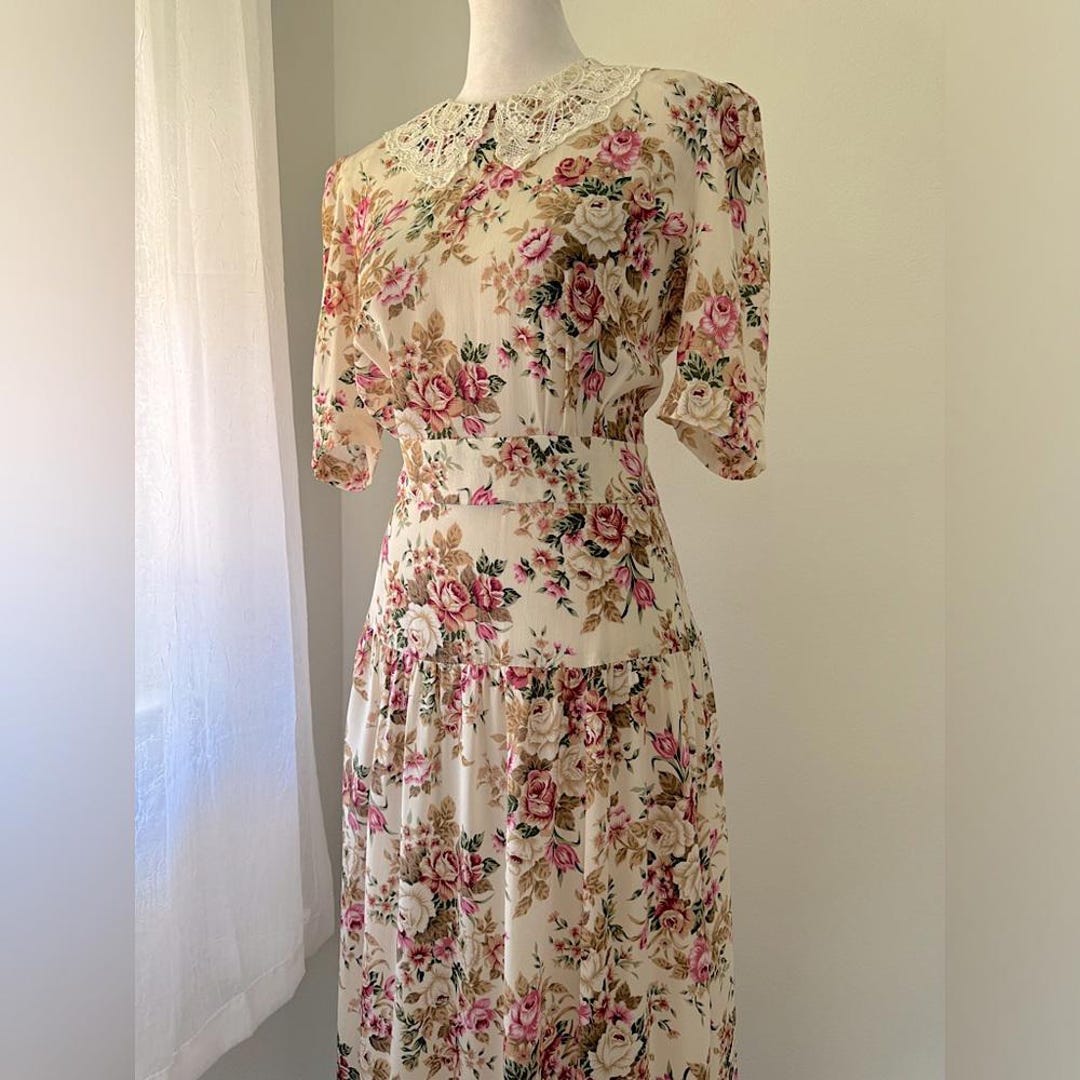 Vintage 90s Jane Singer Lace Collar Floral Print Half Sleeve Tea Dress ...