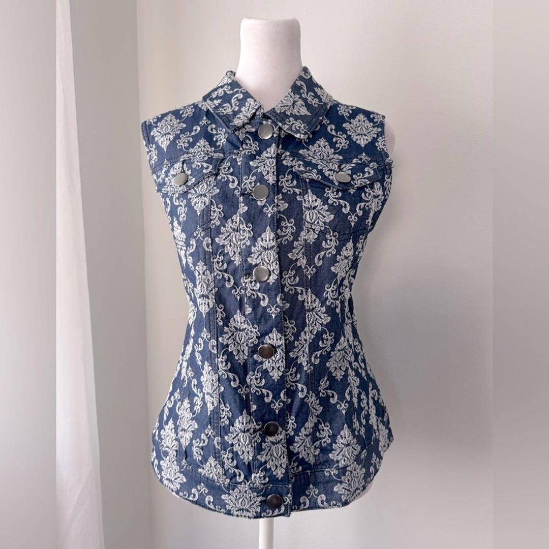 Vintage Y2K Baccini Navy Blue & White Denim Fleur De Lis Print Collared ...