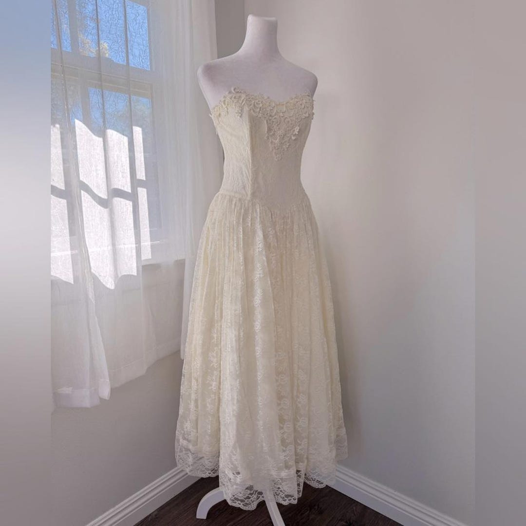 Vintage 80s Ivory Lace Basque Waist Strapless Maxi Wedding Dress - Etsy