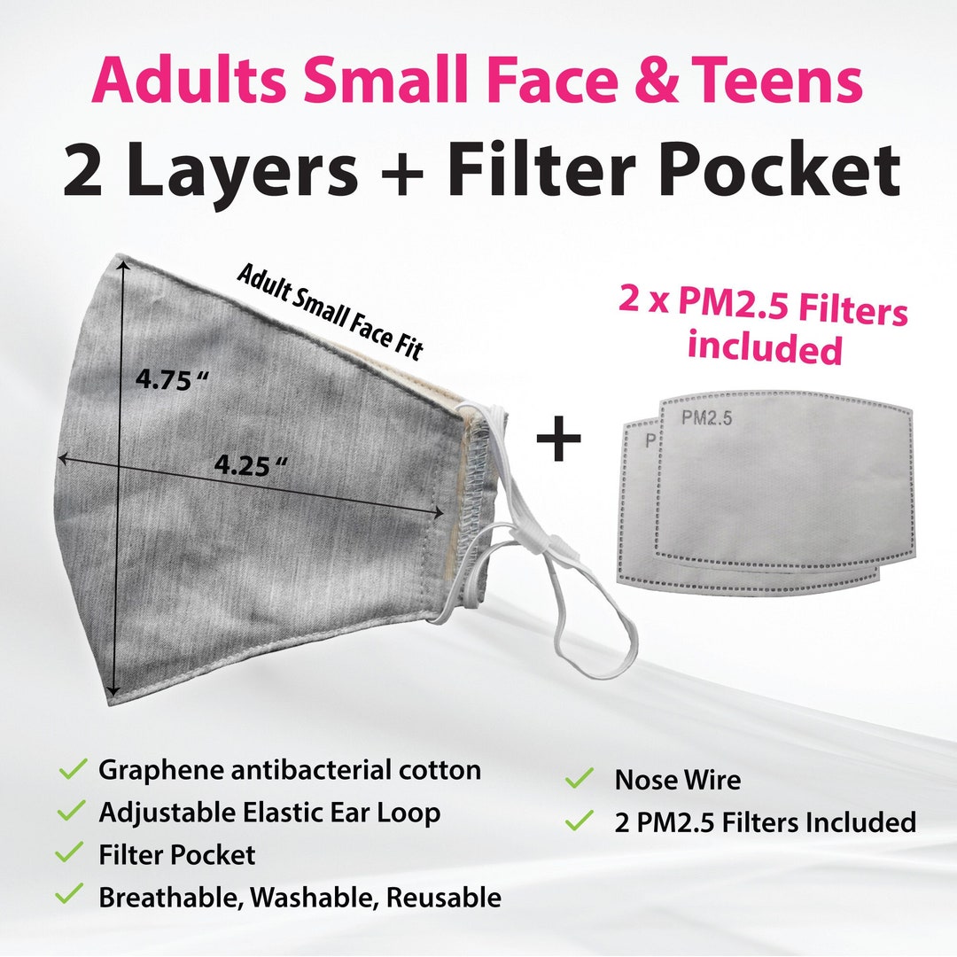 Small Double Layer Cotton Mask With Filter Pockets PLUS 2 PM2.5 Filters ...