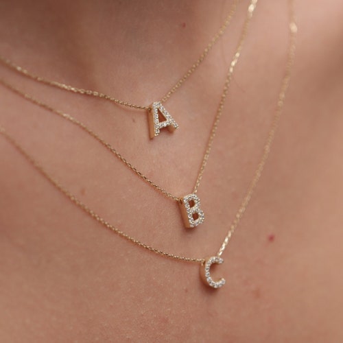 Diamond Initial Necklace / Diamond Letter Necklace / 14k White - Etsy