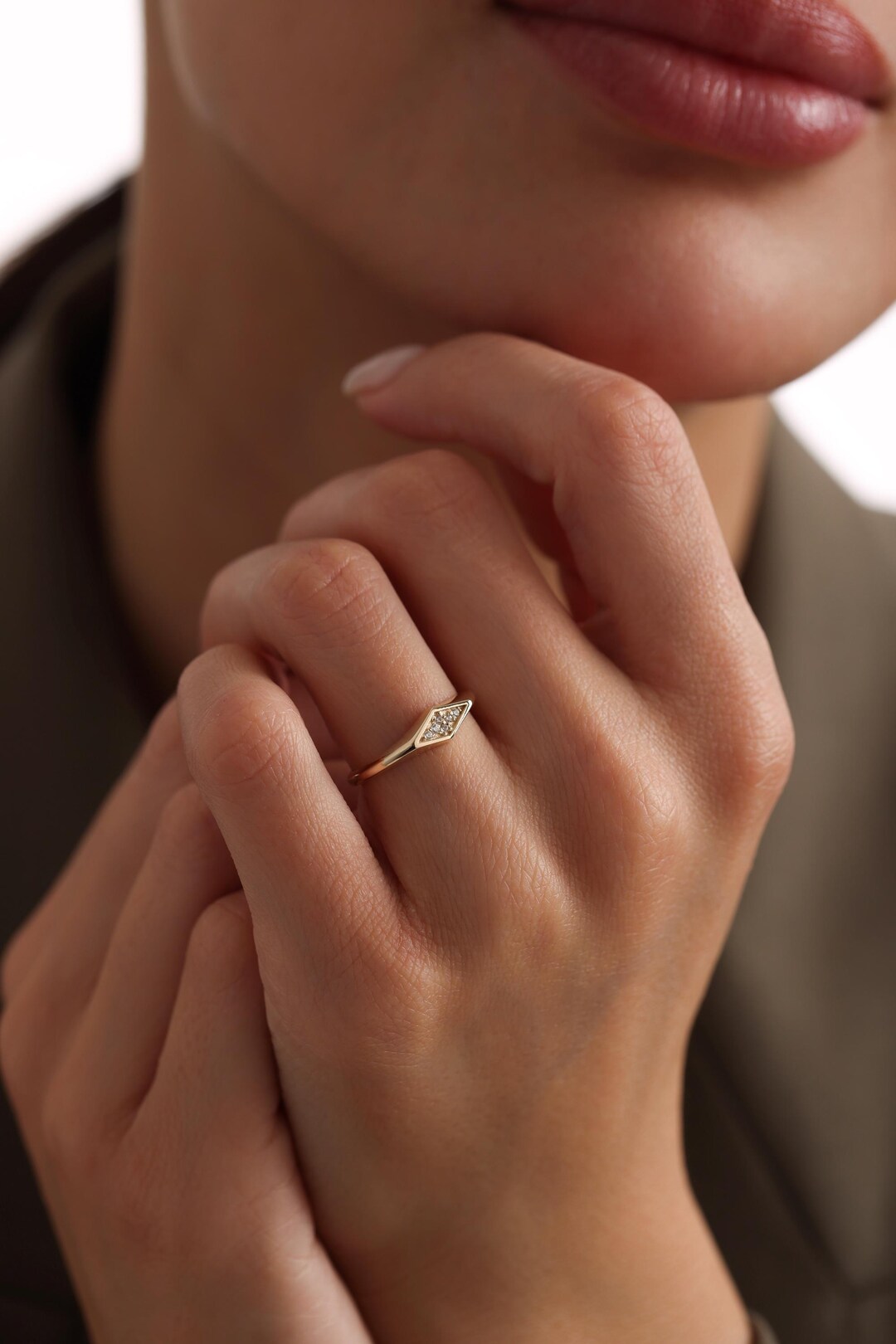 14K Gold Signet Ring, Geometric Shape Ring, Minimalist Gold Band ...