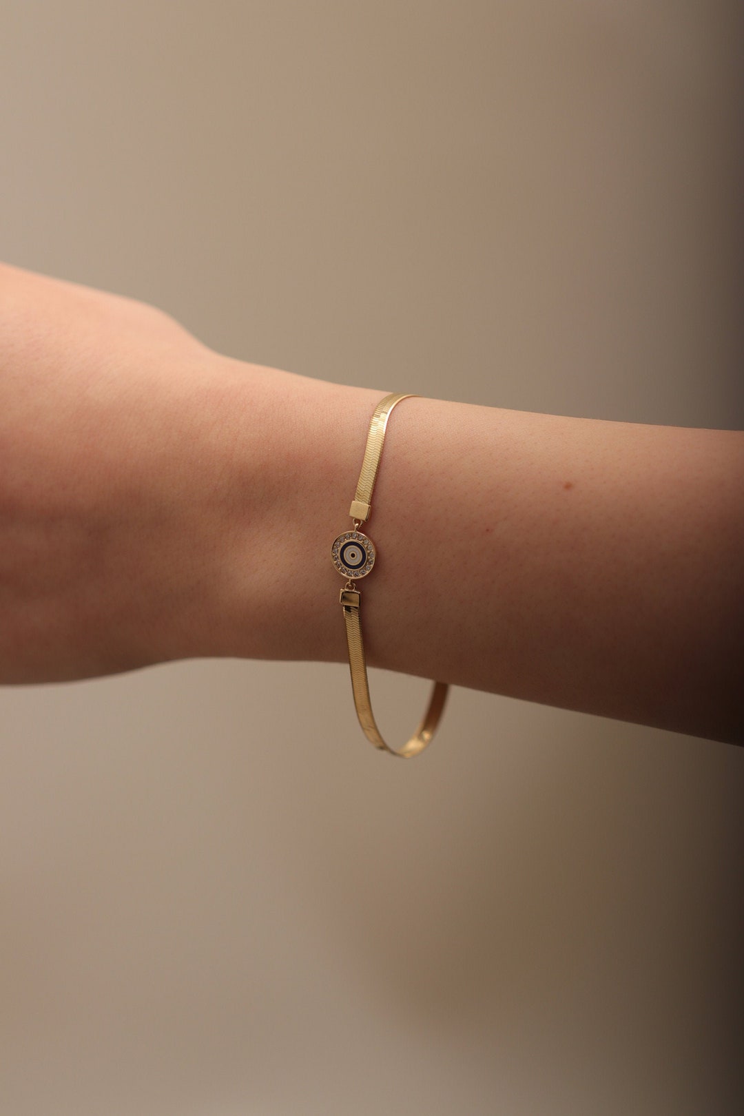 14k Gold Eye With Gemstones Herringbone Bracelet / Handmade Round Eye ...