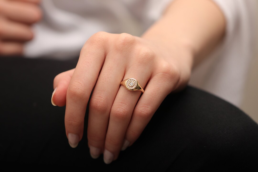 14k 18k Gold Diamond Signet Ring / Handmade Bezel Setting Diamond ...