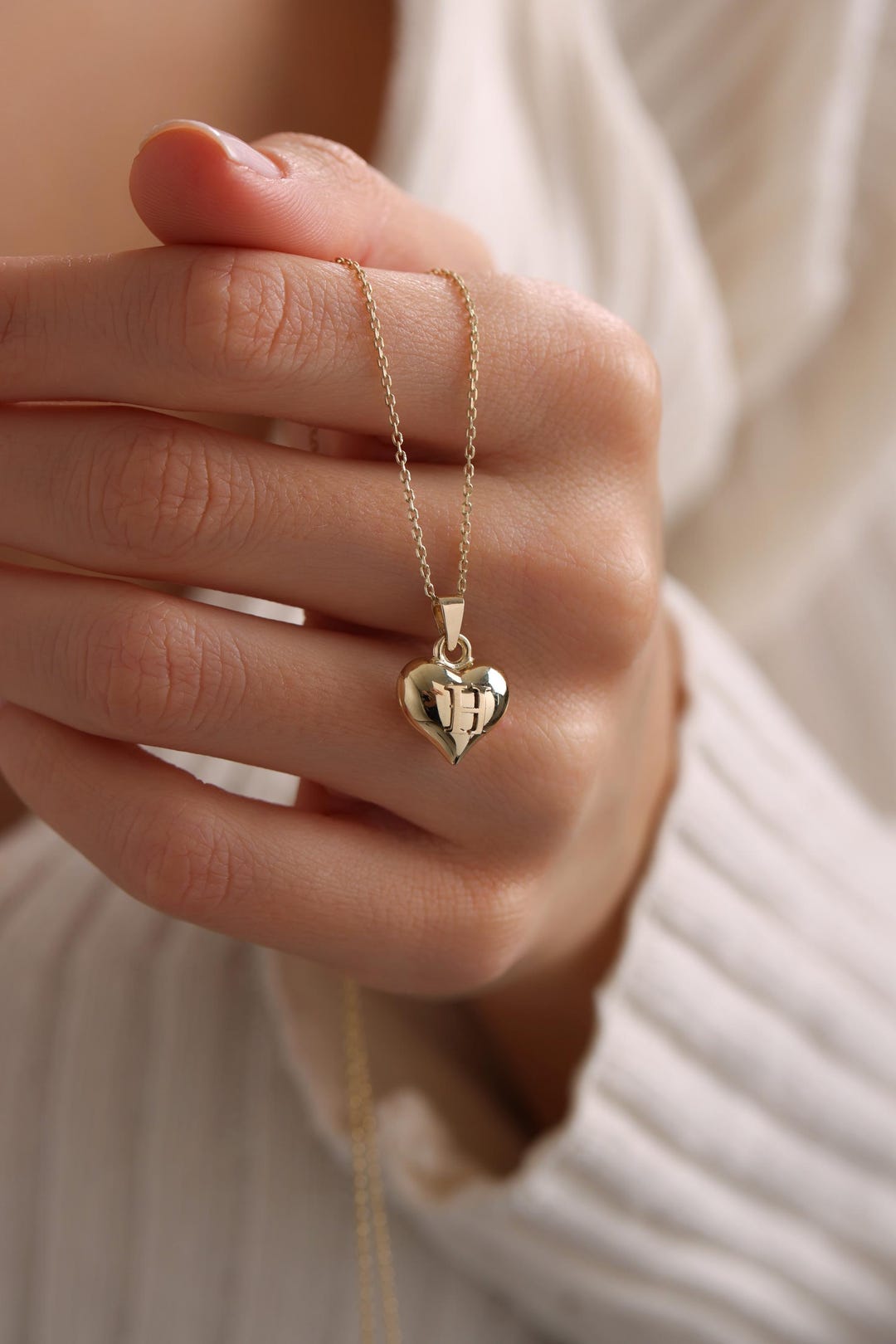 14k Gold Puffed Heart Charm Necklace, Gold Heart Pendant, Puffed Heart ...