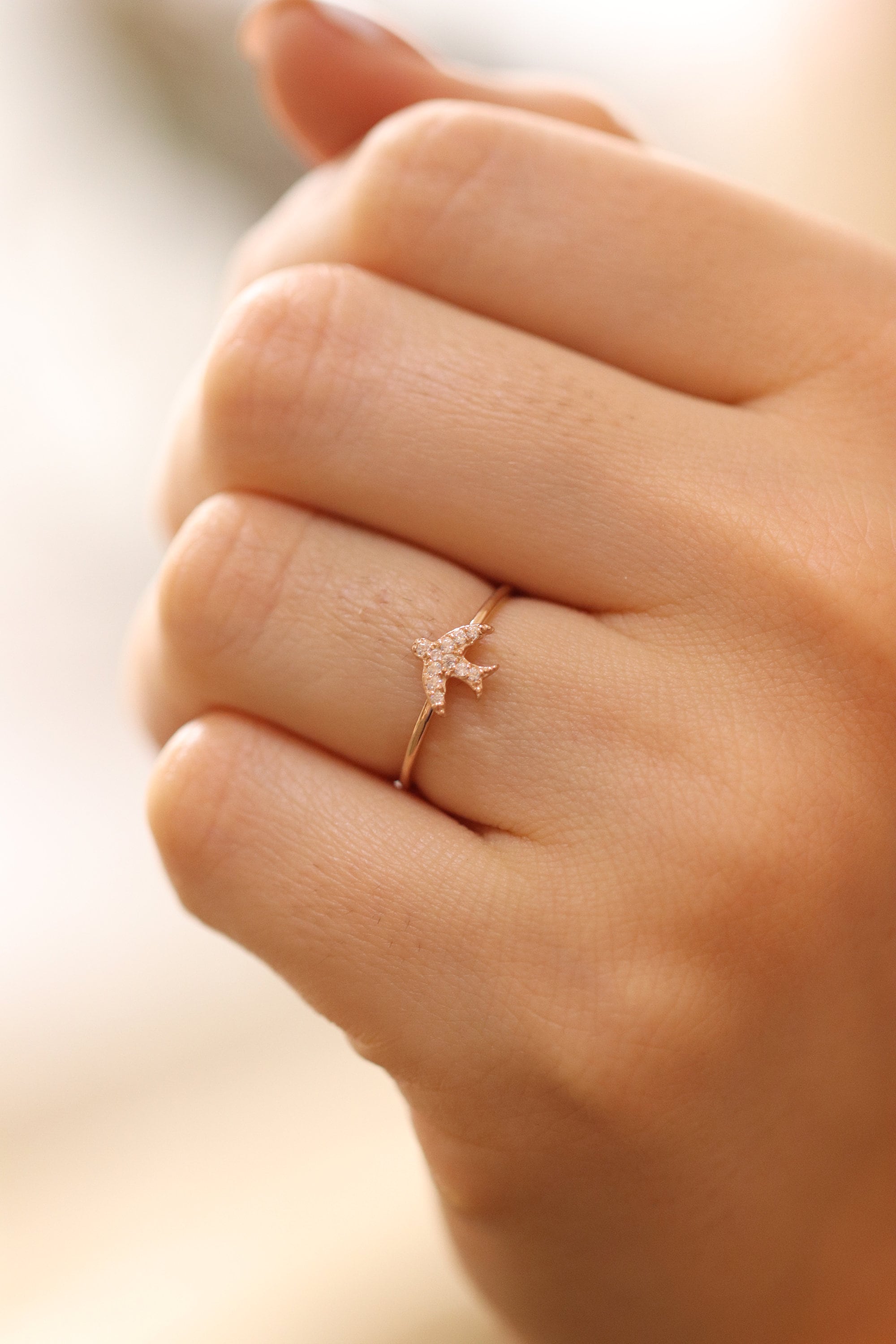 Gold Bird Tiny Diamond Ring / Handmade Bird Diamond Ring / 14k | Etsy