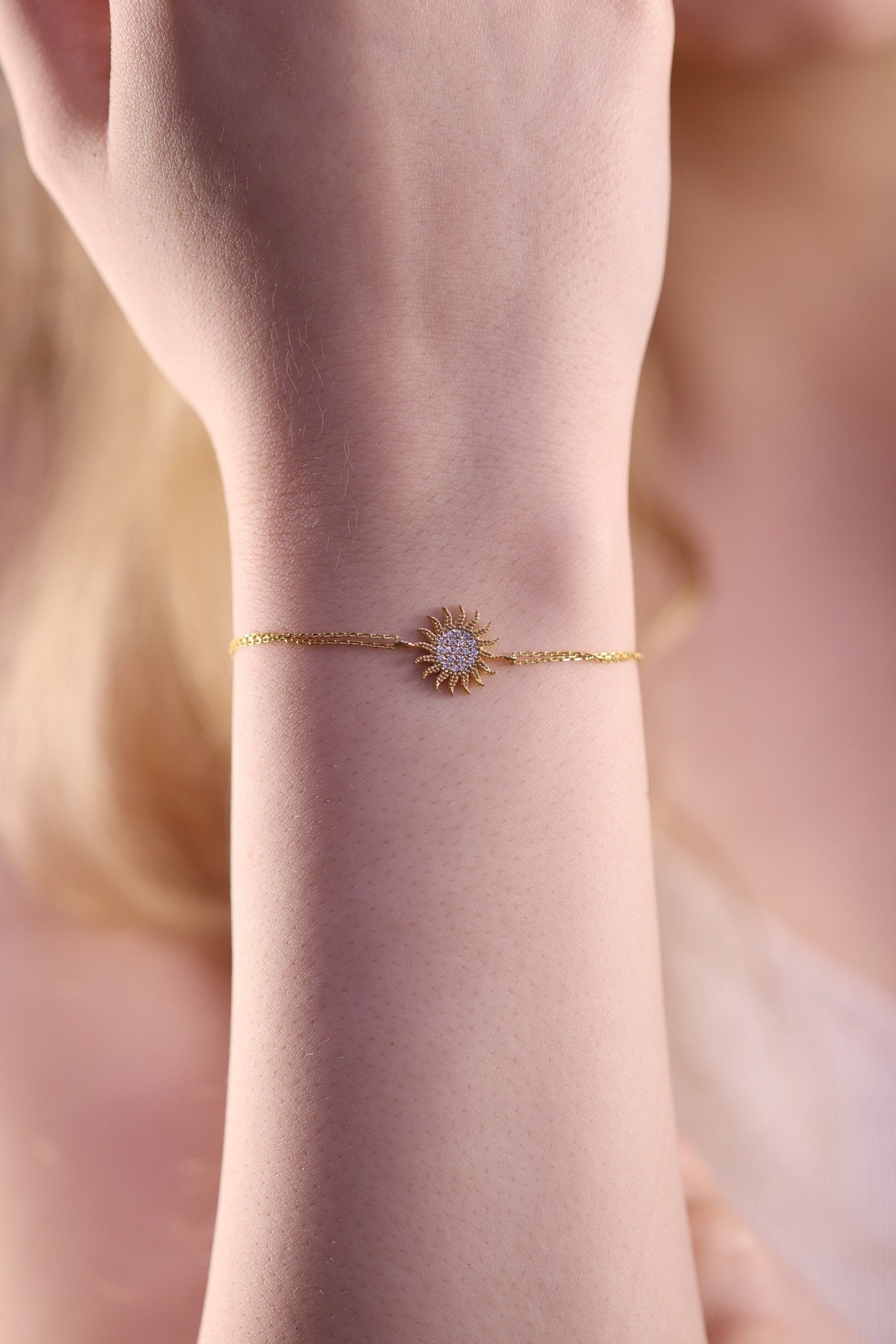 14k Gold Sun Bracelet / Handmade Gold Sun Bracelet / Gold Sun - Etsy