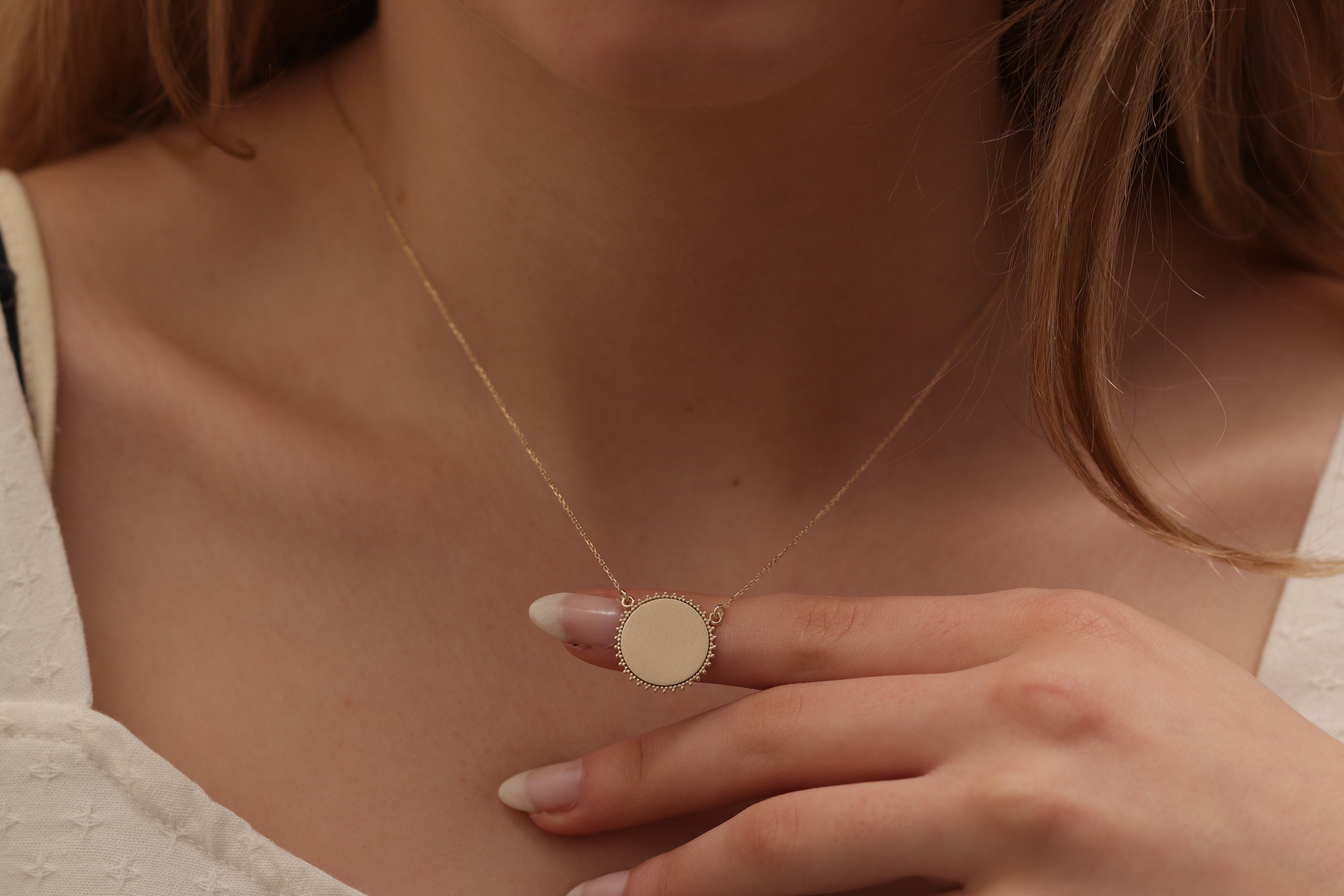 10k 14k 18k Gold Disc Necklace / Handmade Engraved Round Disc - Etsy