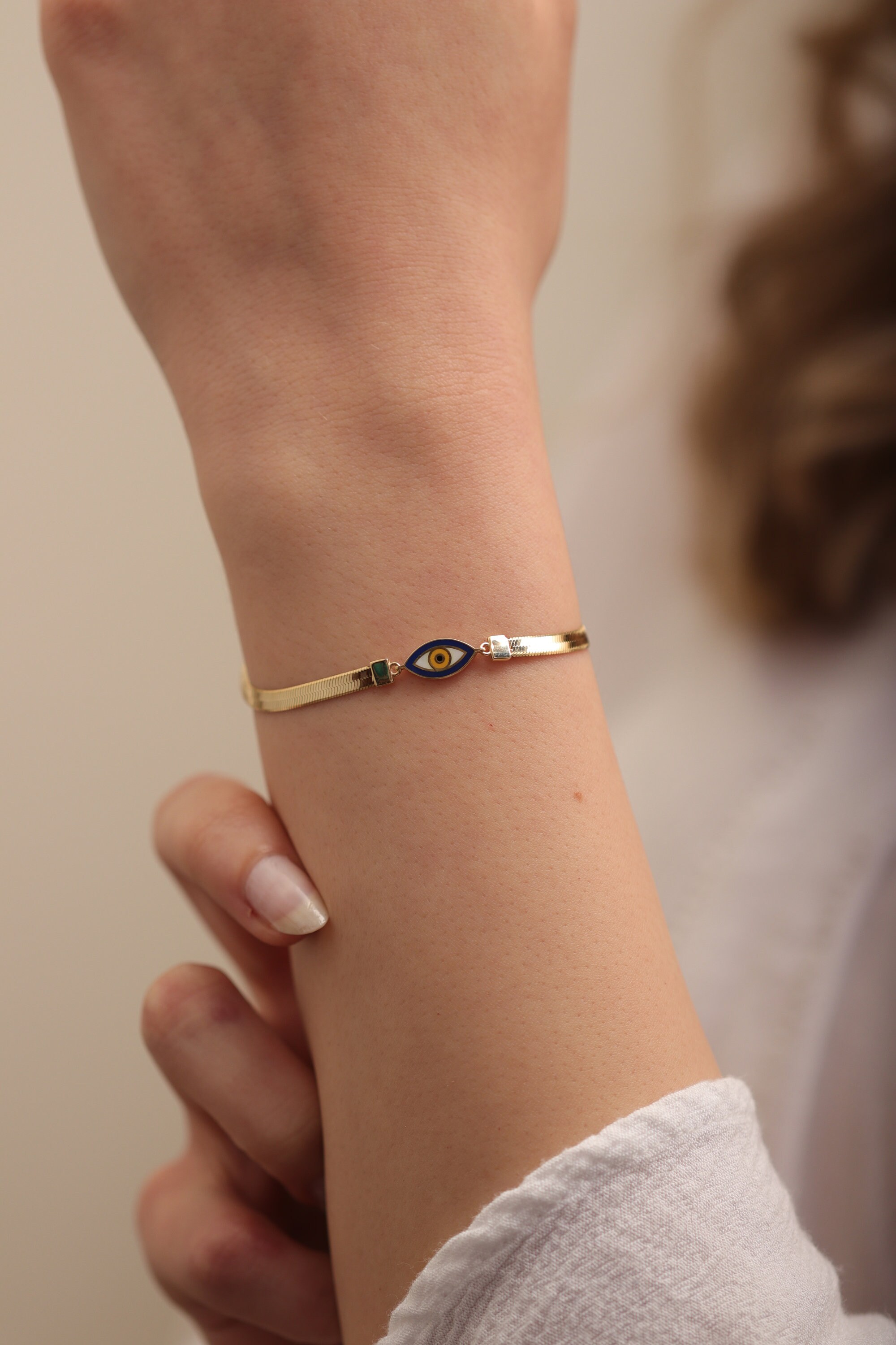 14k Gold Eye Herringbone Bracelet / Handmade Gold Eye | Etsy