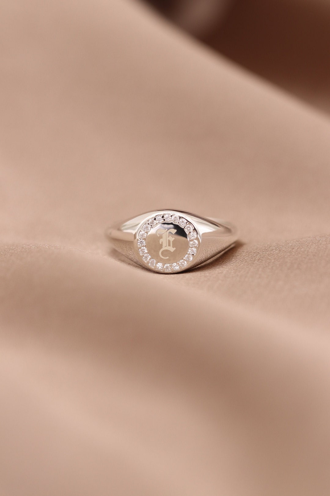 10k 14k 18k Gold Engraved Signet Cubic Zircon Ring / Handmade Signet ...