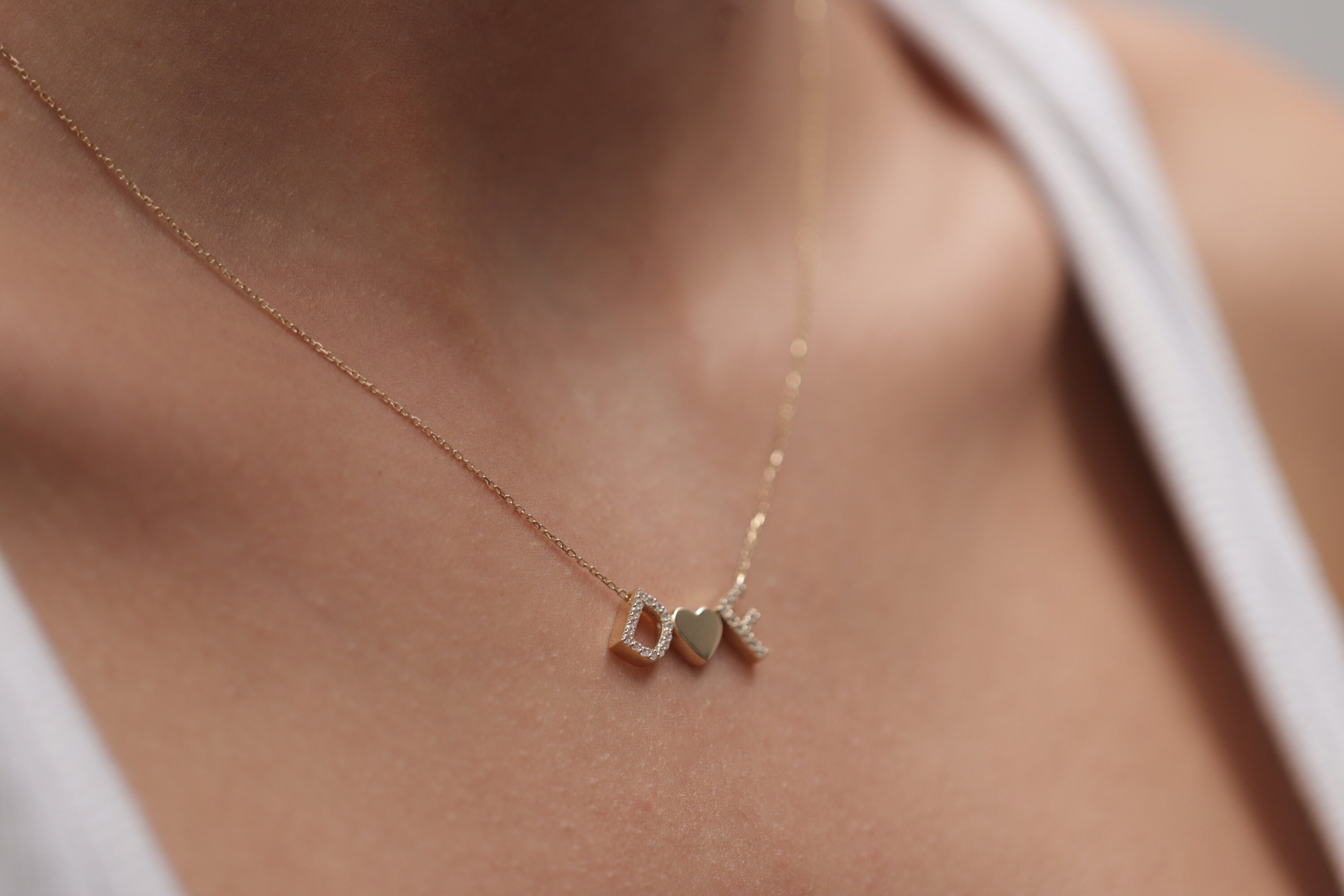 14k 18k Gold Diamond Letters With Heart Necklace / Handmade | Etsy