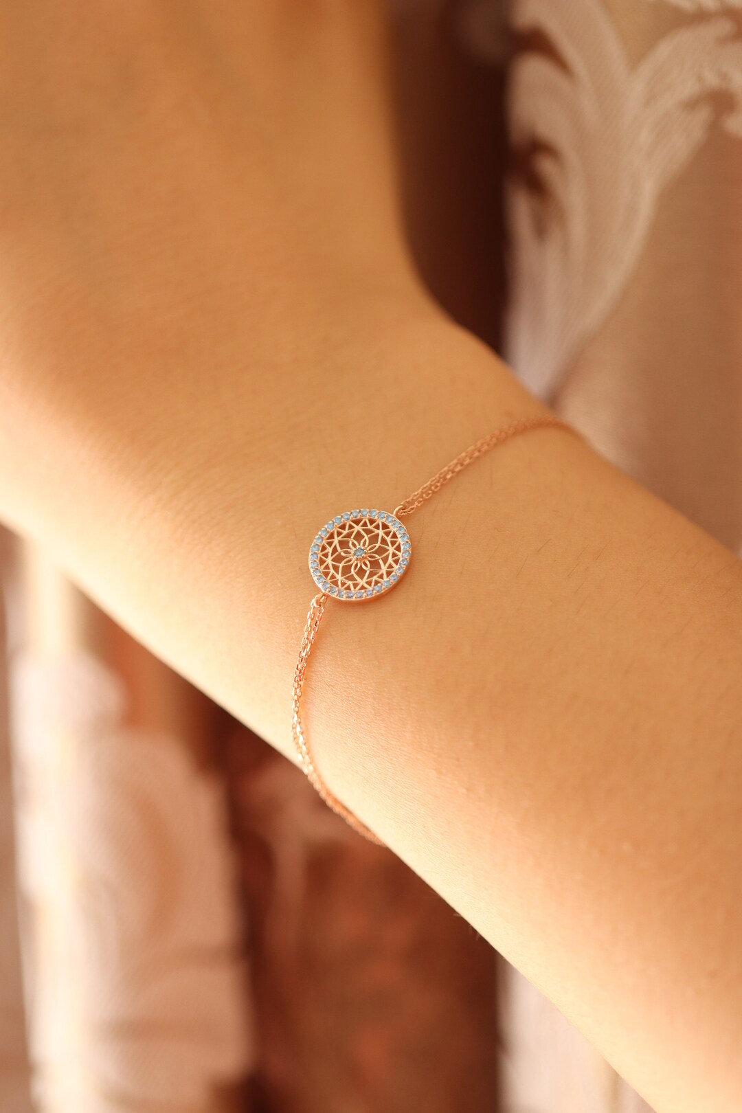 14k Gold Dream Catcher Bracelet / Handmade Gold Blue Stone Dream ...