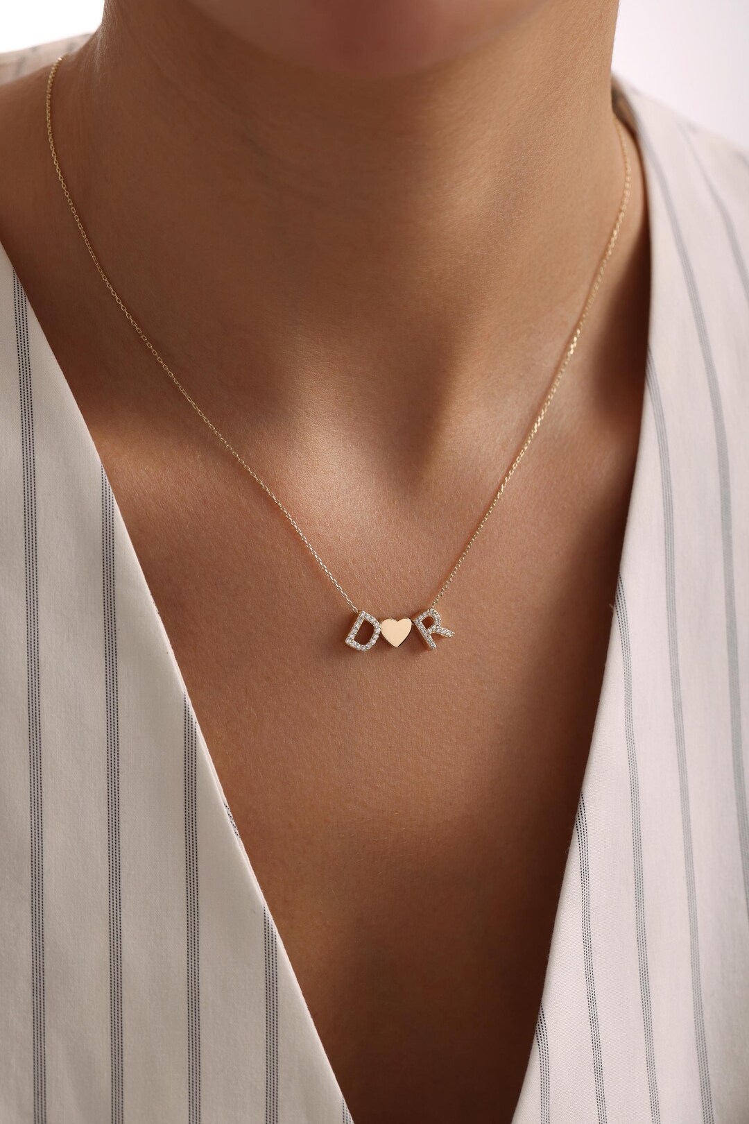 10k 14k 18k Gold Diamond Letters With Heart Necklace, Handmade Diamond ...
