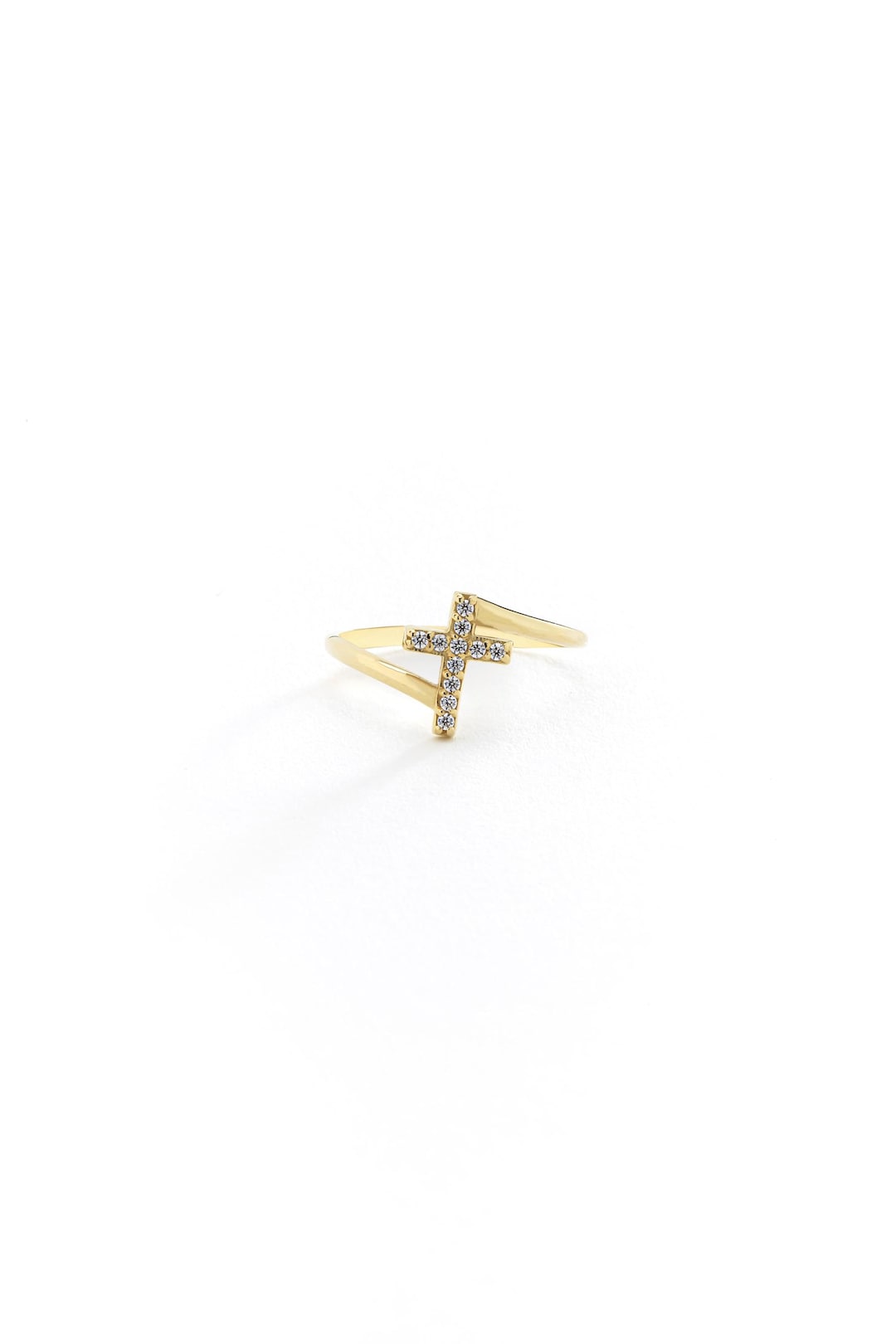 14k Pave Cz Small Cross Ring, Solid Gold Sideways Cross Ring, Minimalist Religious Ring for ...