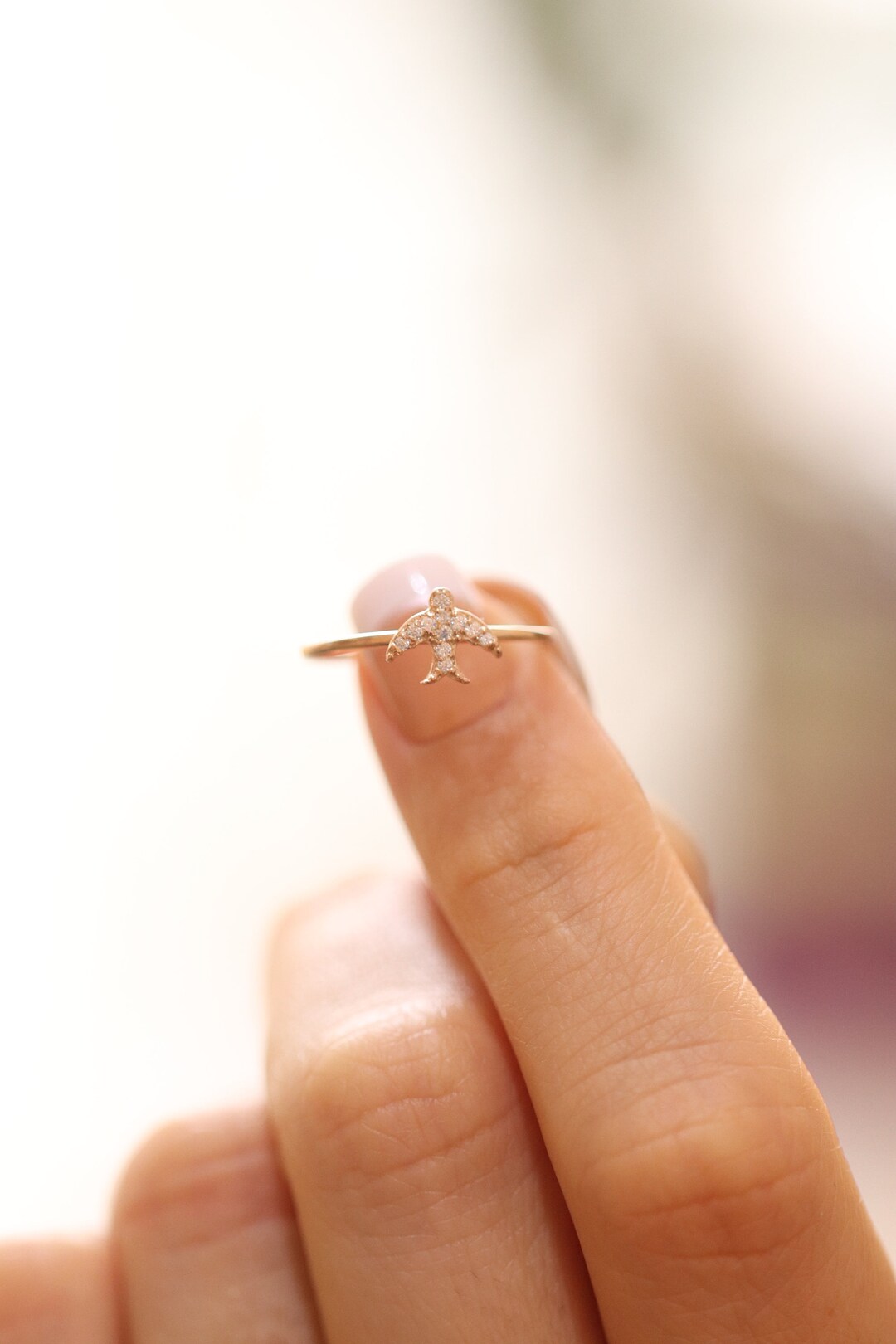 Gold Bird Tiny Diamond Ring / Handmade Bird Diamond Ring / 14k & 18k ...