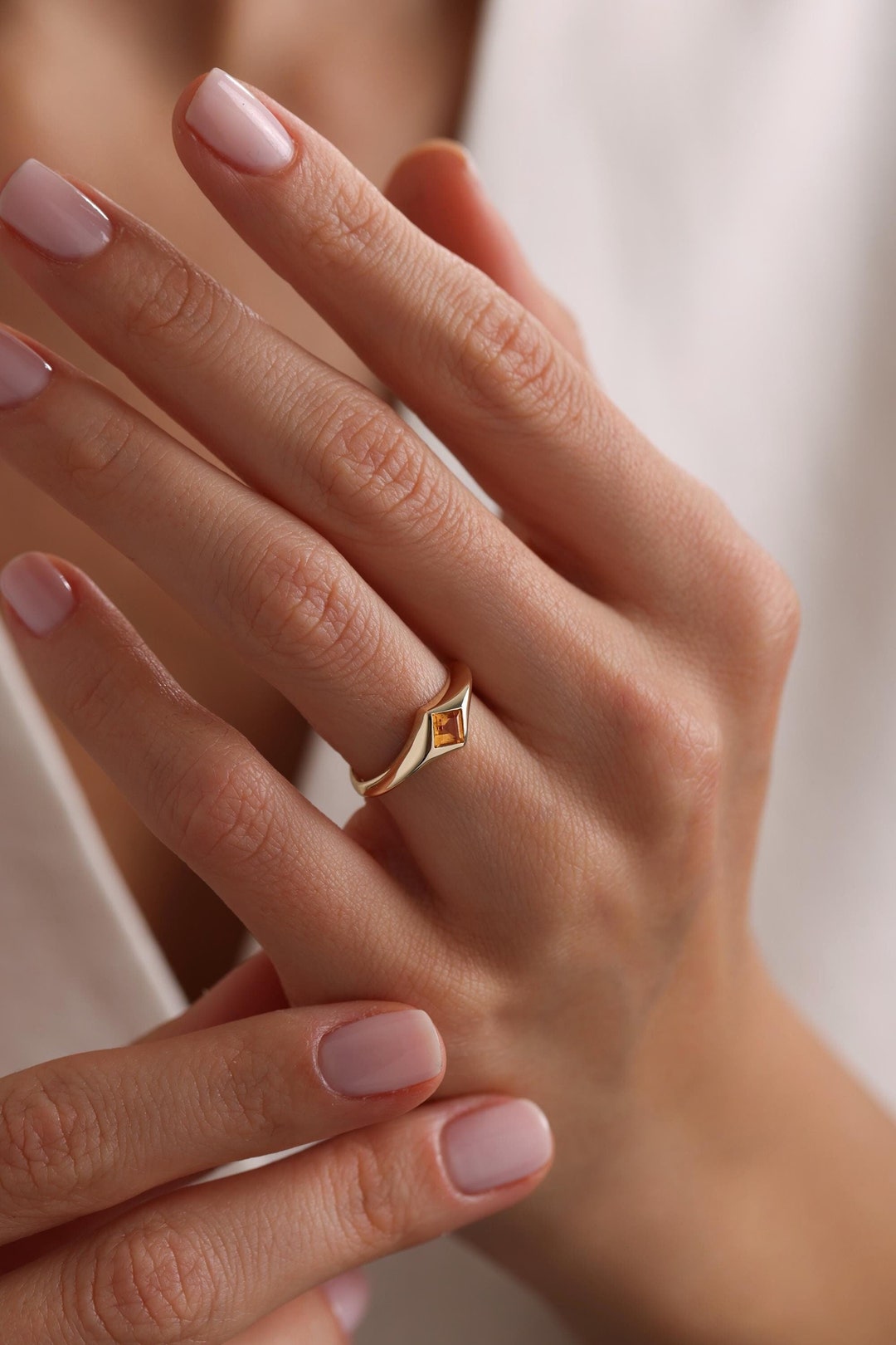 14k Square Shape Citrine Signet Ring, Solid Gold Dainty Statement Ring ...