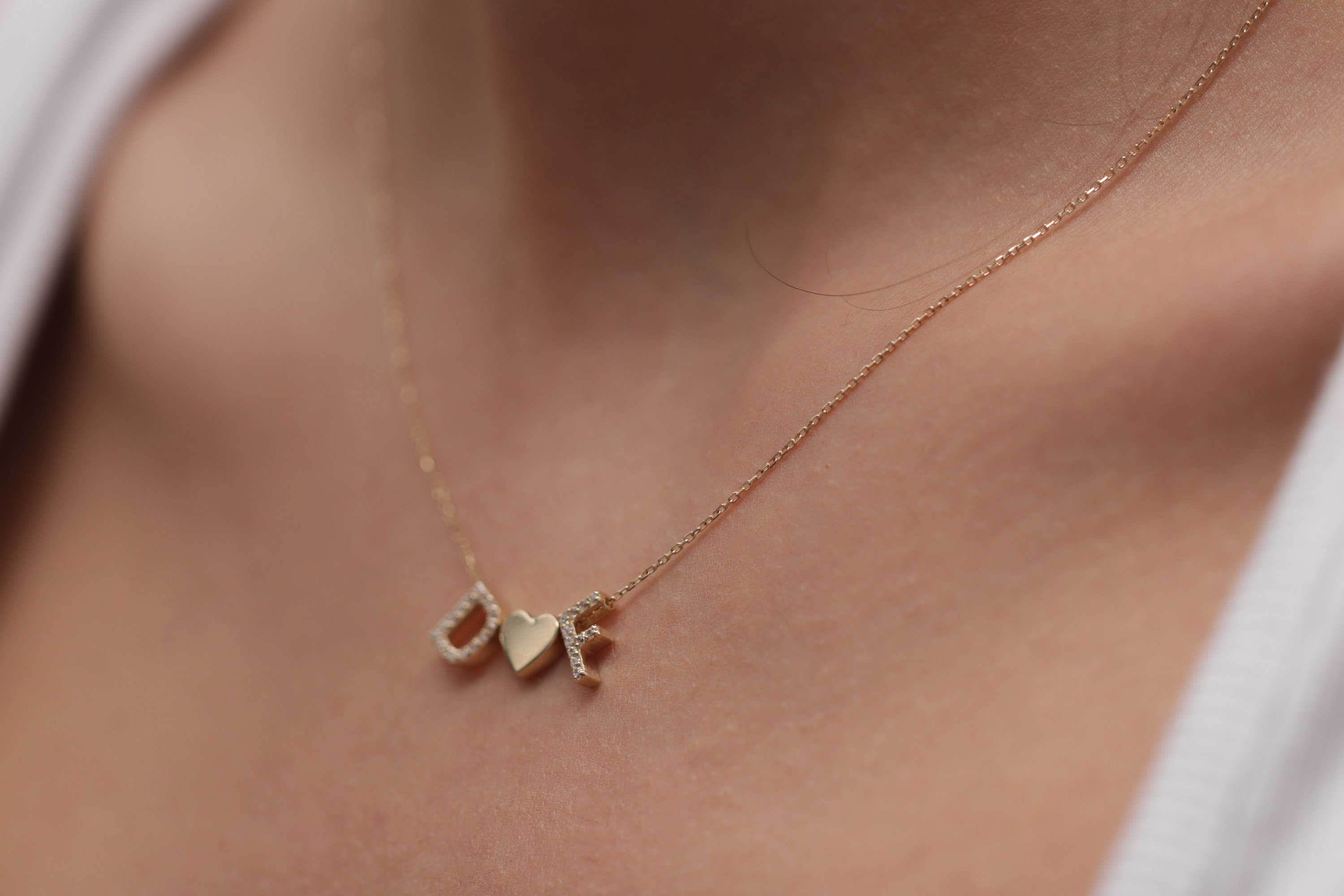 14k 18k Gold Diamond Letters With Heart Necklace / Handmade | Etsy