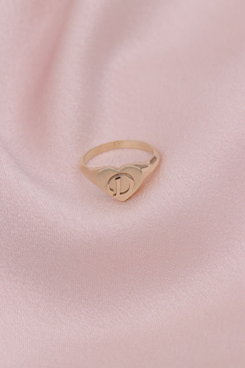 14k 18k Heart Initial Engraved Gold Signet Ring / Handmade | Etsy