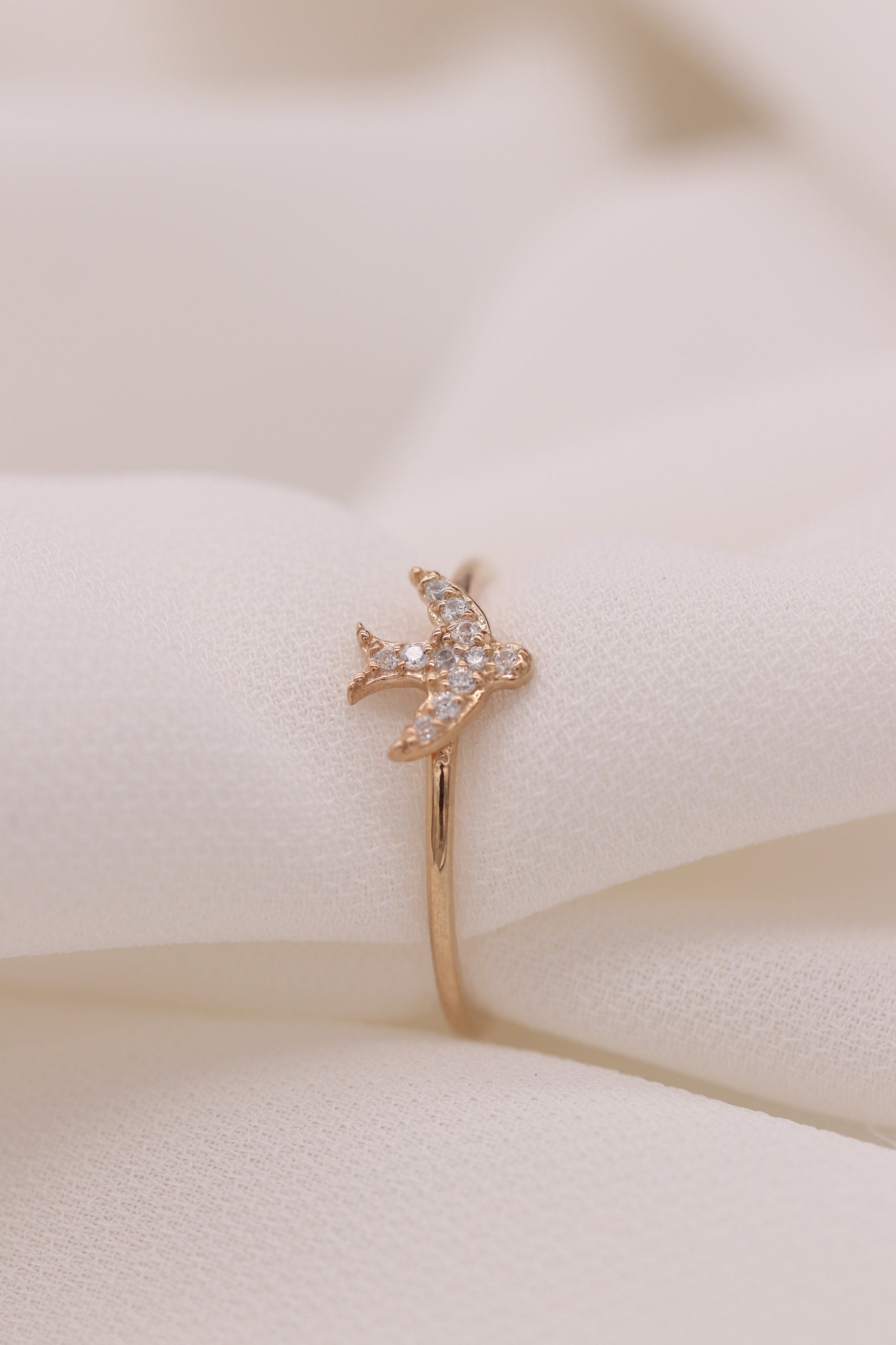 Gold Bird Tiny Diamond Ring / Handmade Bird Diamond Ring / 14k | Etsy