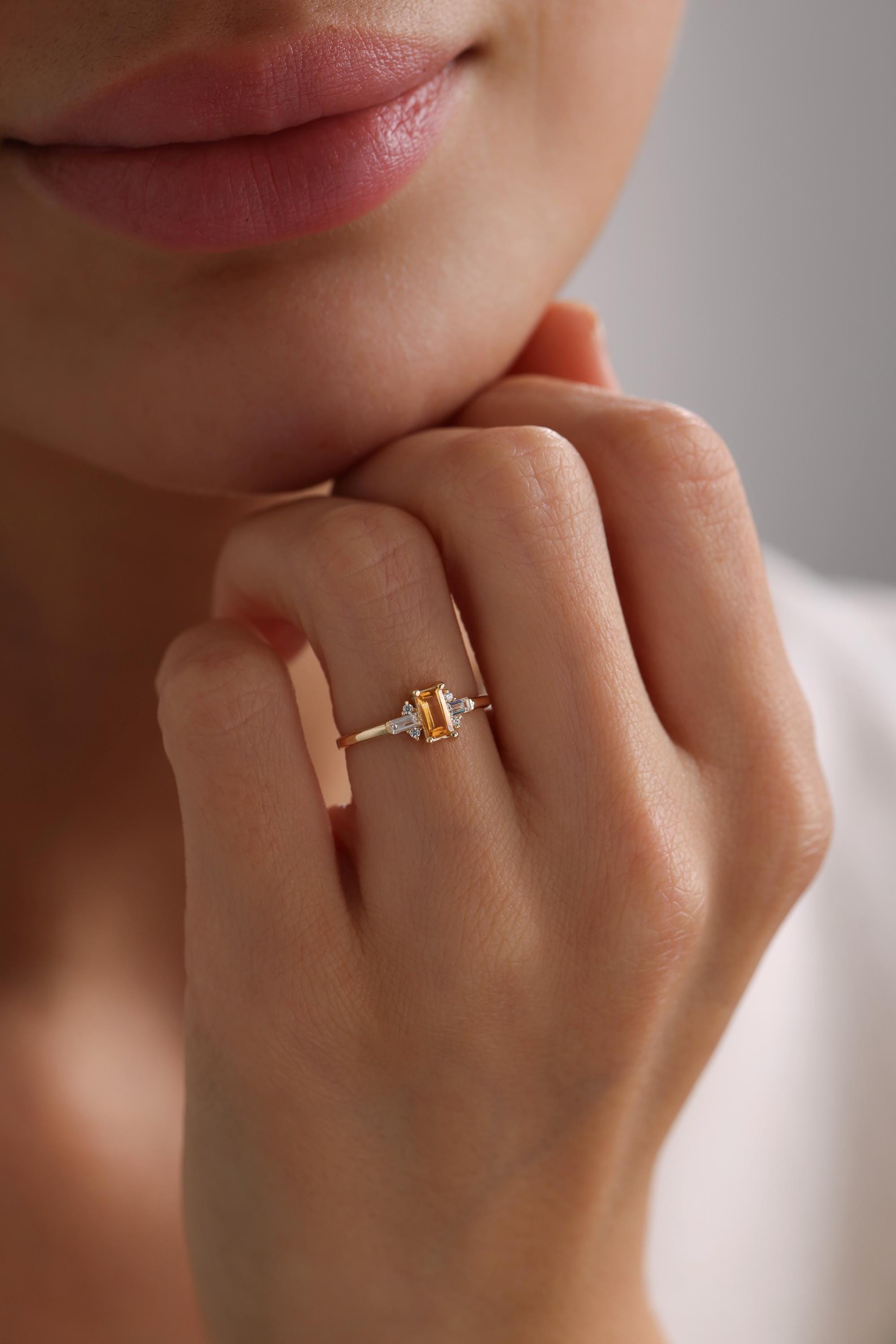 14k Solid Gold Citrine Ring / Engagement Ring / Baguette Gemstone ...