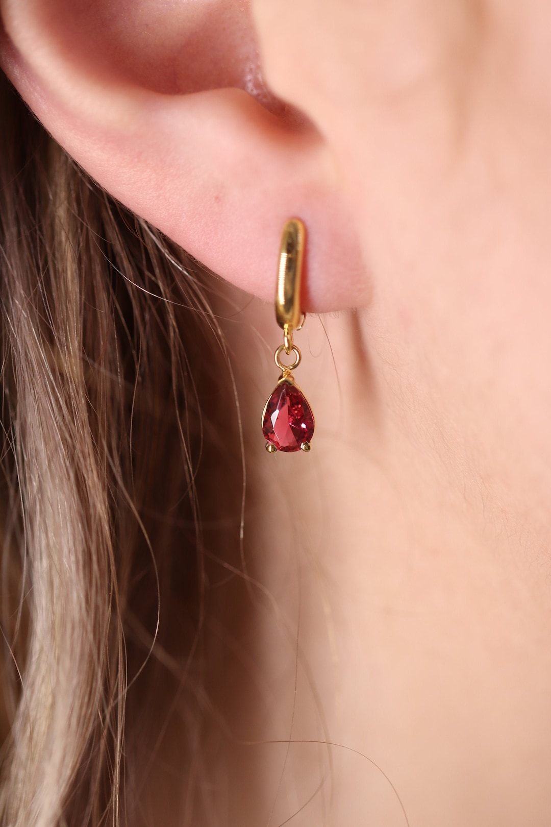 Gold Pear Ruby Earring / Handmade Gold Pear Ruby Earring / 14k Gold ...