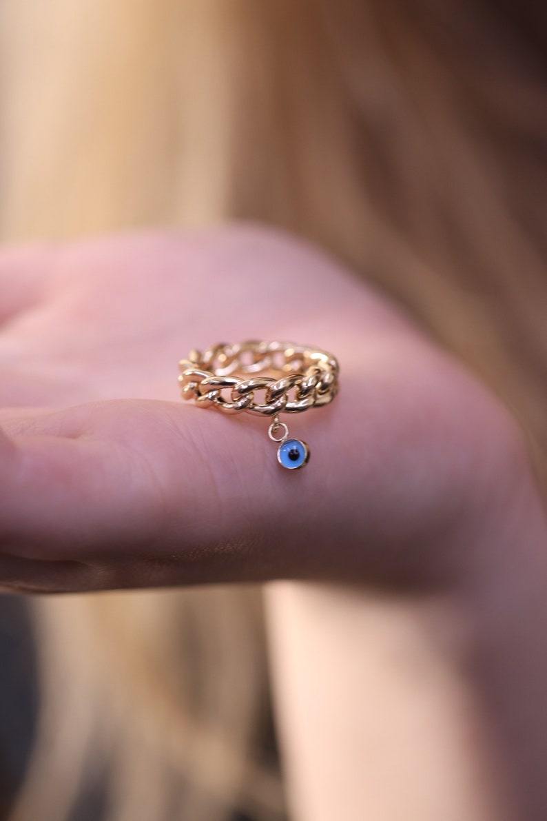 Gold Evil Eye Ring / Handmade Cable Chain Ring / Gold Evil Eye | Etsy