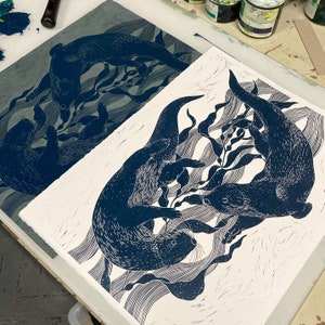 Sea Otters Original Linocut Lino Print - Etsy