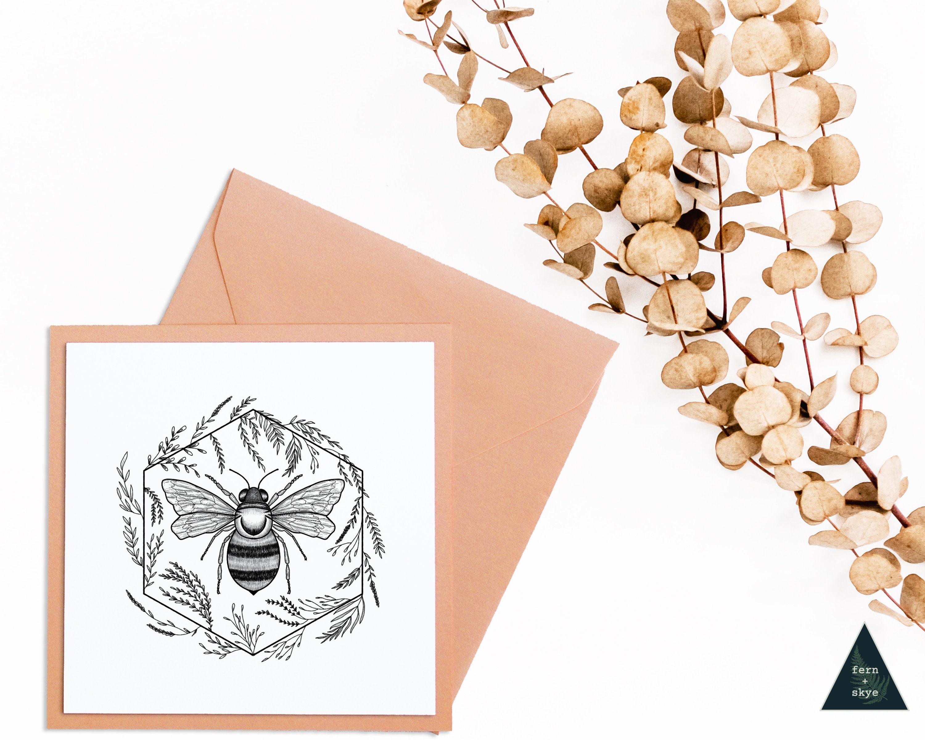 4x4 Botanical Bee Mini Art Print Black & White Ink Drawing Hexagon ...