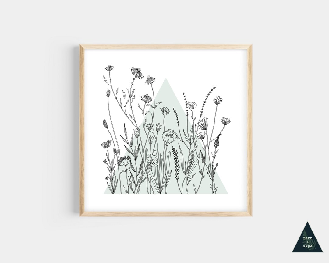 Wildflower Botanical Mini Print | Green Triangle, Floral Line Art - Etsy