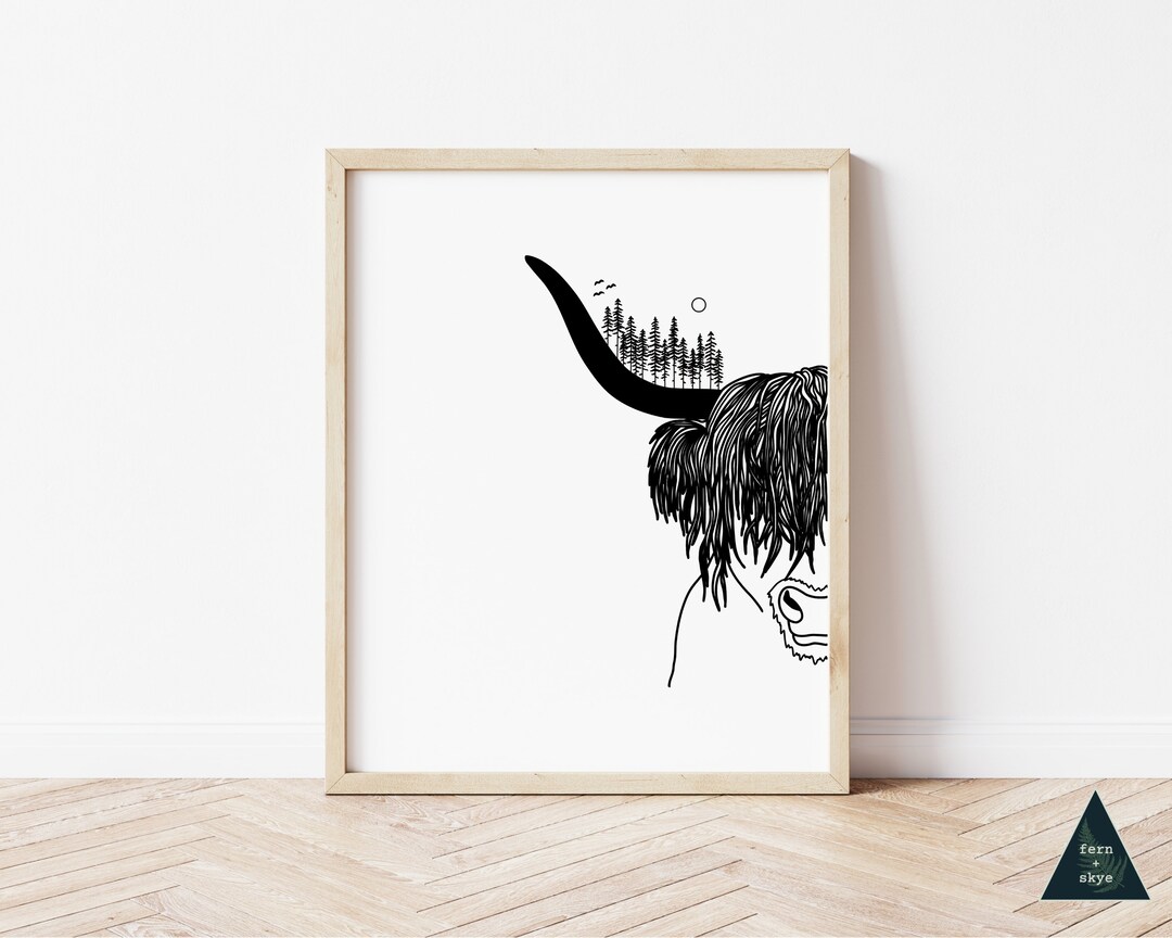 Highland Cow Line Art Print | Forest Horns, Nordic Decor - Etsy