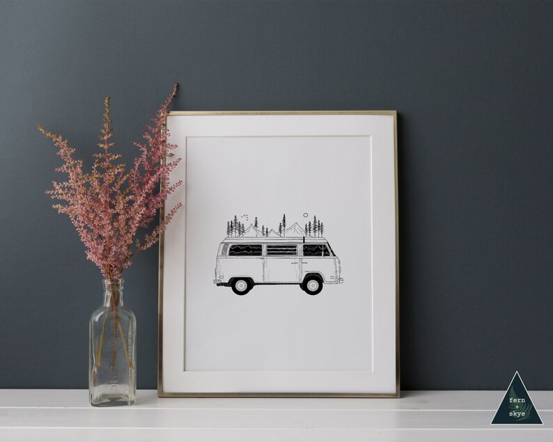 Camper Van Forest Mountain Illustration VW Wall Art - Etsy
