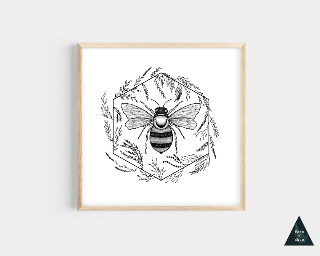 4x4" Botanical Bee Mini Art Print | Black & White Ink Drawing | Hexagon ...