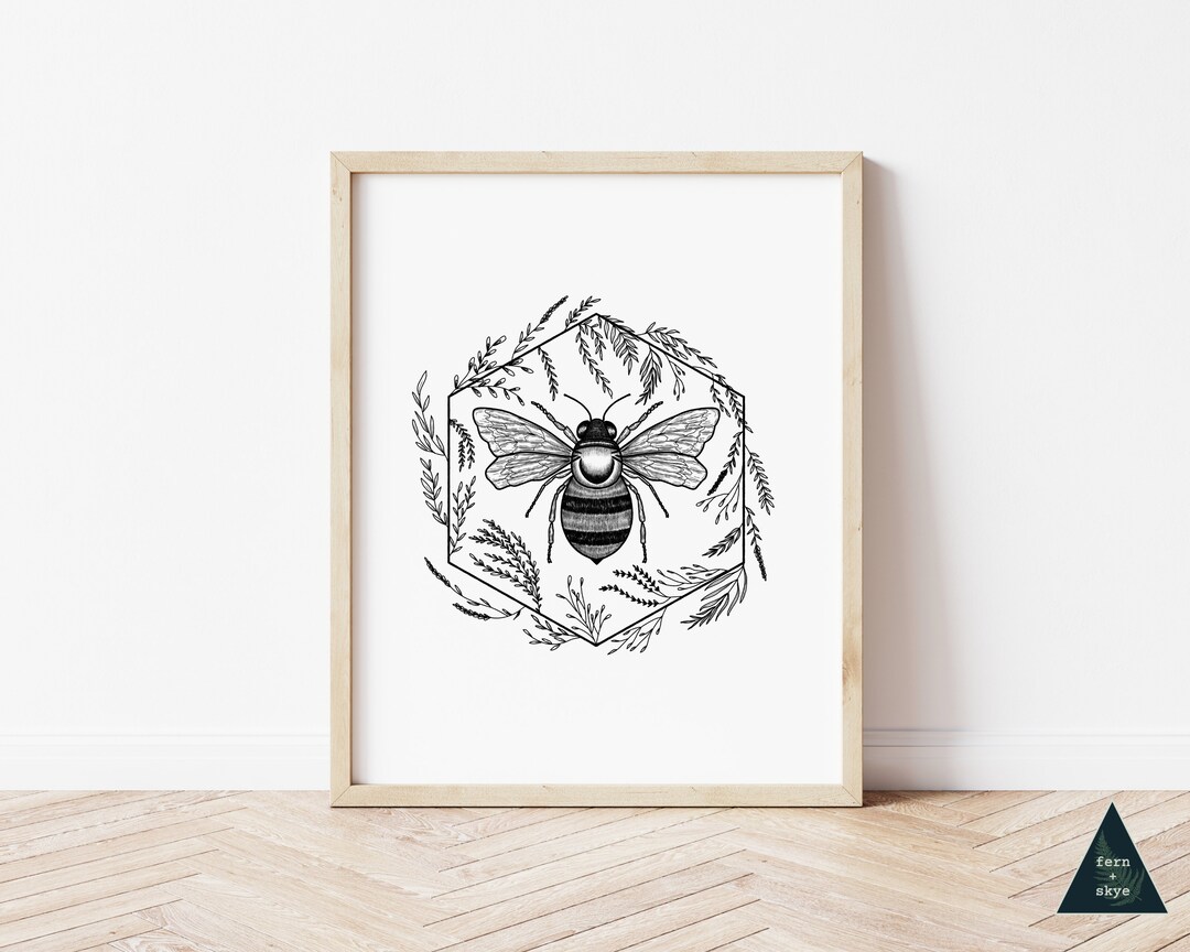 Botanical Bee Art Print | Black & White Hexagon Bumble Bee Ink Drawing ...