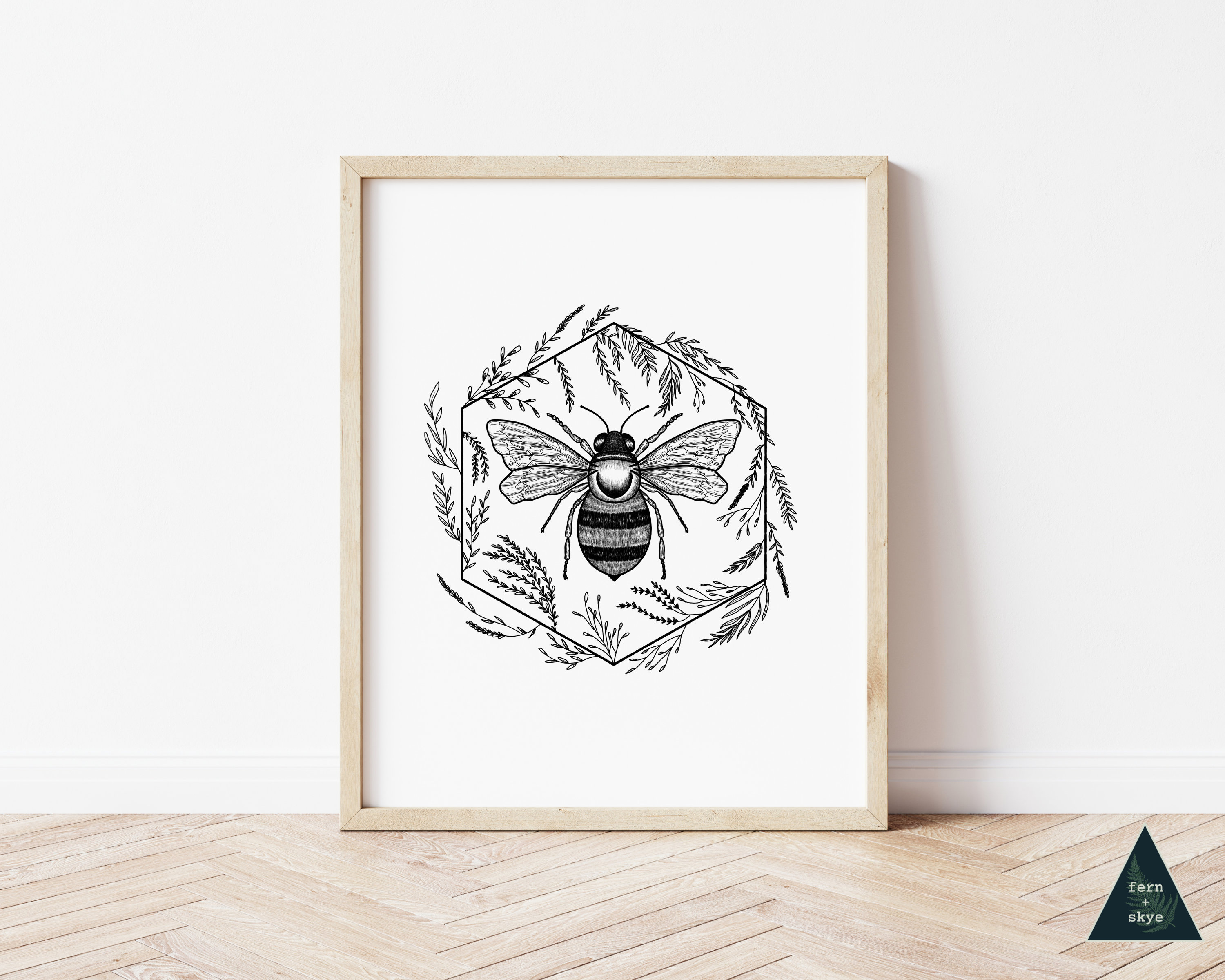 Botanical Bee Art Print | Black & White Hexagon Bumble Bee Ink Drawing ...