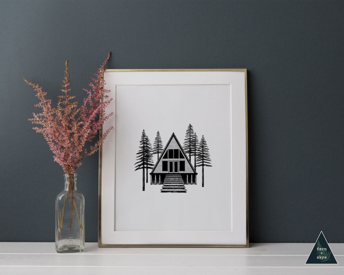 Woodland A-frame Cabin Art Print Cabin Decor Tiny Chalet - Etsy