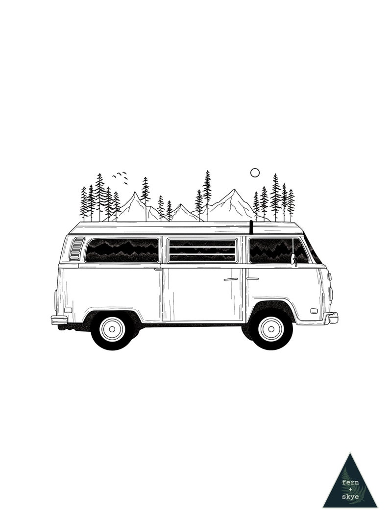 Camper Van Forest Mountain Illustration VW Wall Art | Etsy