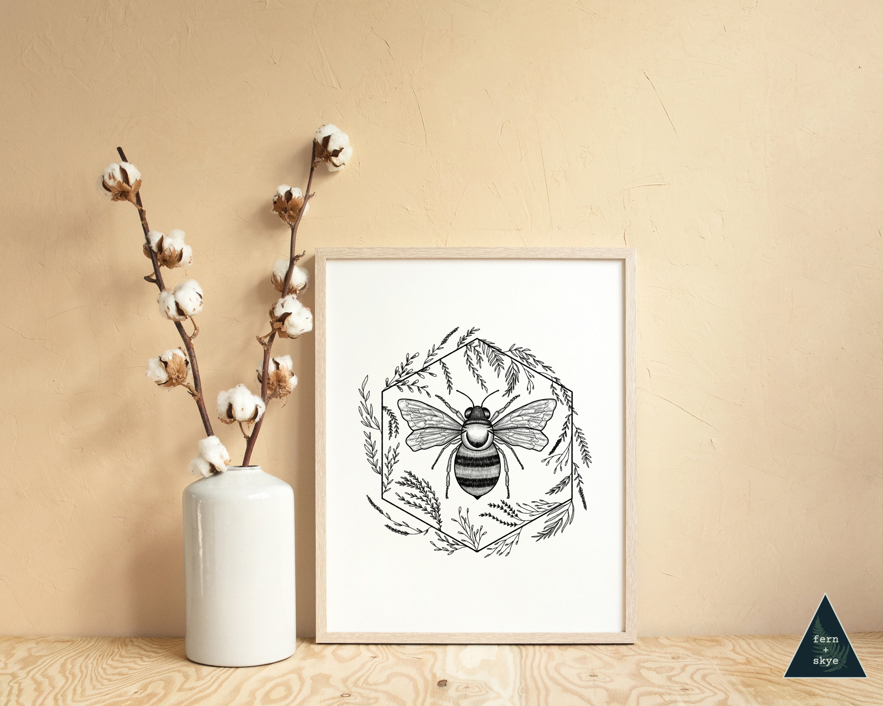Botanical Bee Art Print | Black & White Hexagon Bumble Bee Ink Drawing ...