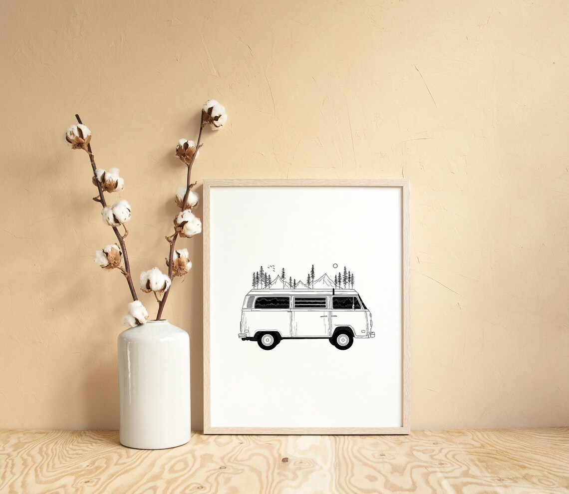 Camper Van Forest Mountain Illustration VW Wall Art | Etsy