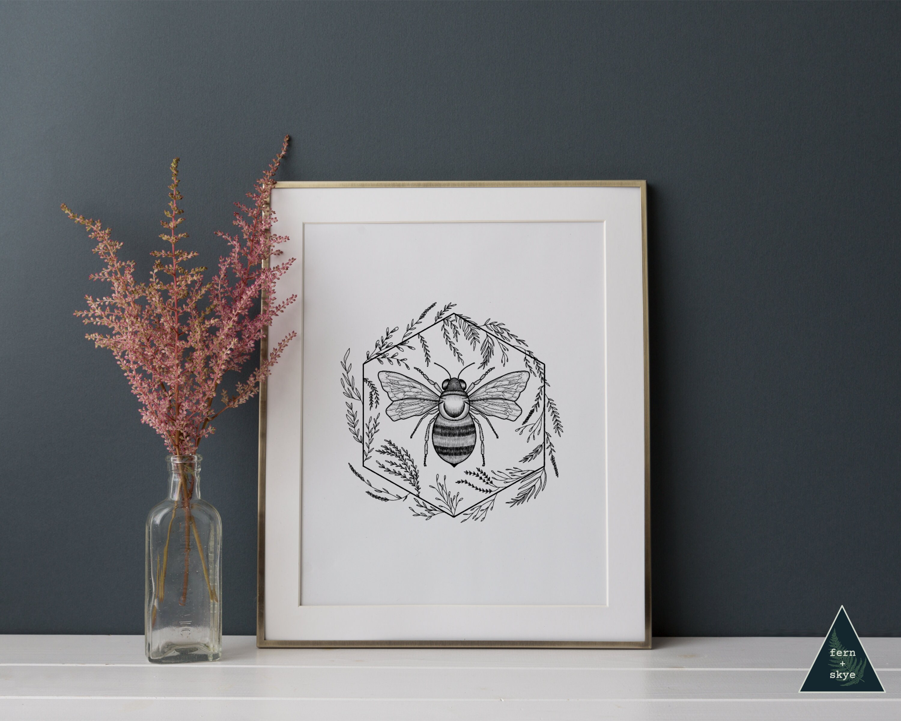 Botanical Bee Art Print | Black & White Hexagon Bumble Bee Ink Drawing ...