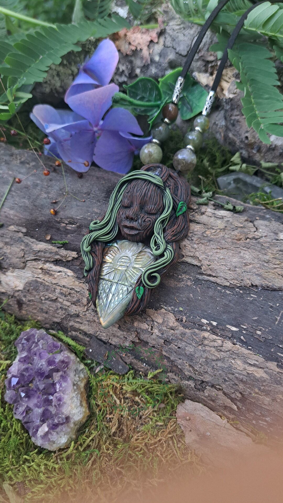 Handcrafted Forest Goddess Clay Necklace: Labradorite Amethyst Gaia ...