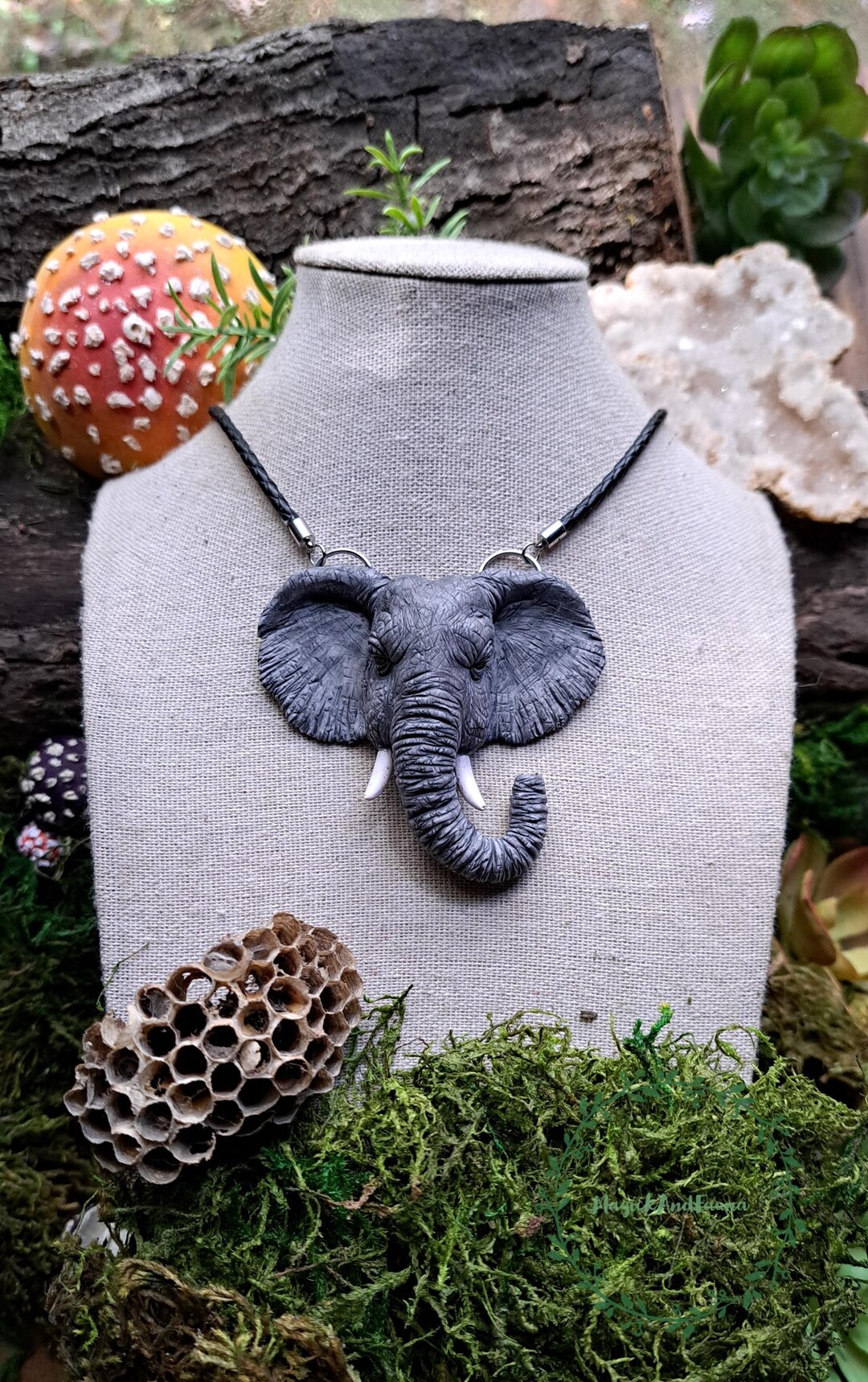 Handmade Realistic Elephant Necklace With Genuine Braided Leather Cord ...