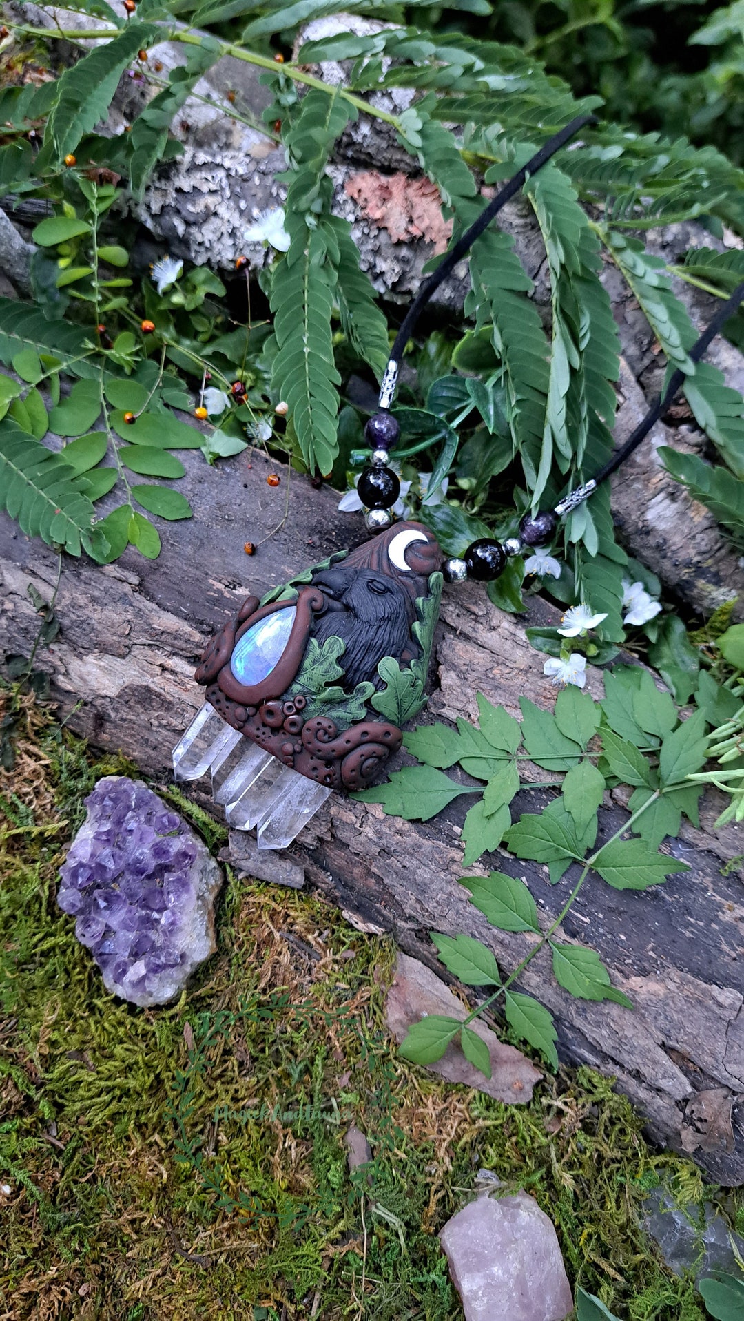 Handmade Clay Raven Moonstone Necklace: Raw Quartz Pagan Pendant - Etsy