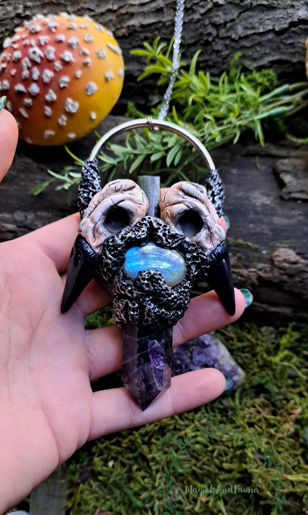 Raven Skull Crystal Necklace: Amethyst, Labradorite, Tourmaline, Gothic ...