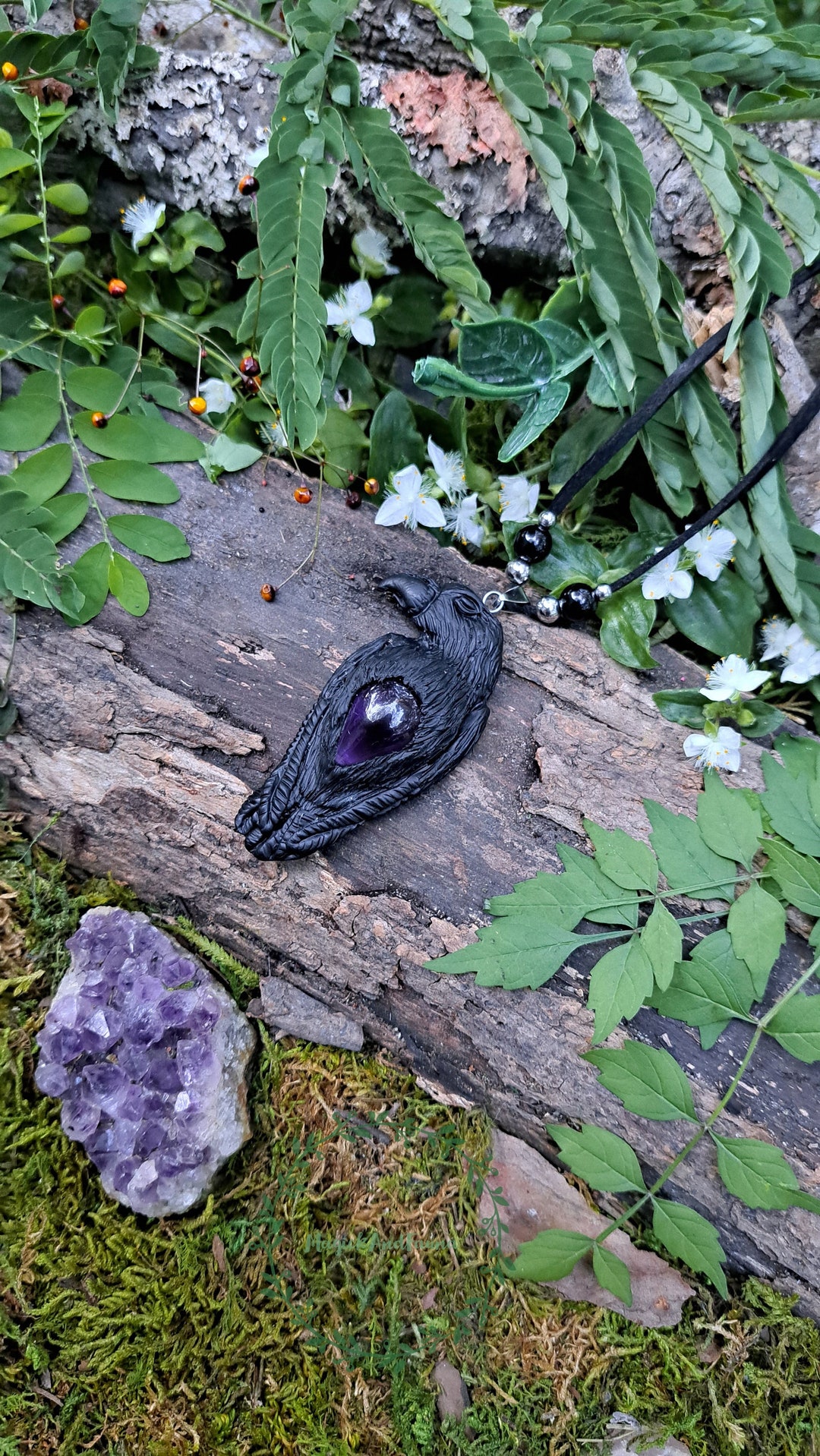 Handcrafted Raven Crystal Necklace Amethyst Handmade Gothic Raven ...