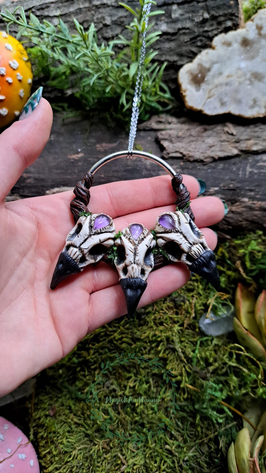 Triple Raven Skull Necklace: Amethyst, Preserved Moss, Witchy Pendant ...