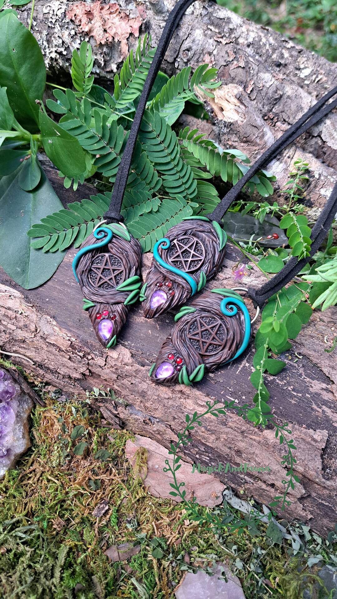 Handmade Earthy Clay Pentacle Nature Pendant Amethyst Garnet Witchy ...