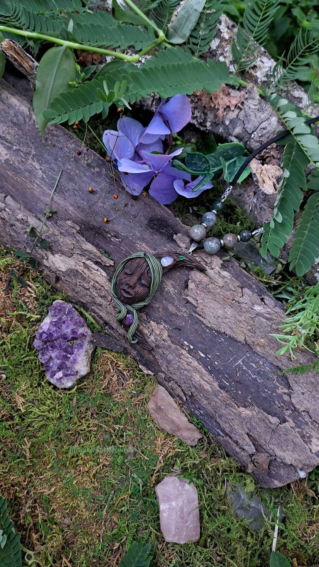 Forest Moon Clay Goddess | Gaia Crystal Necklace | Amethyst Rainbow ...