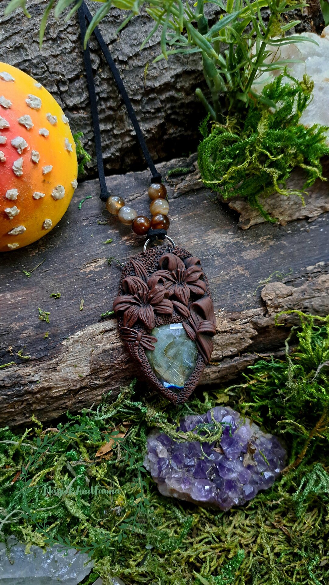 Handmade Clay Lily Dragonfly Necklace: Labradorite Agate Pendant - Etsy